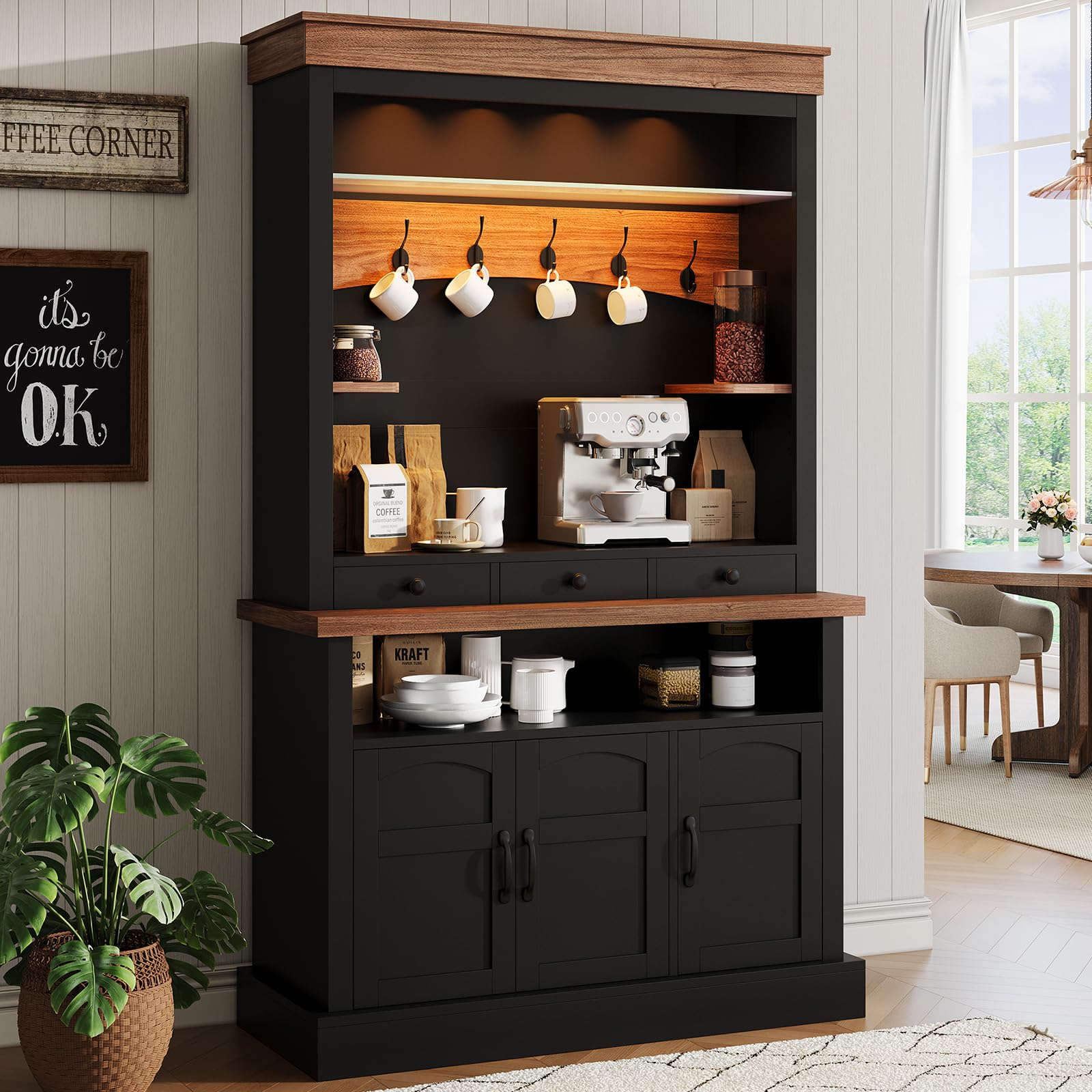 Coffee Bar Cabinet with LED Light, 72" Tall Farmhouse Coffee Bar Hutch ...