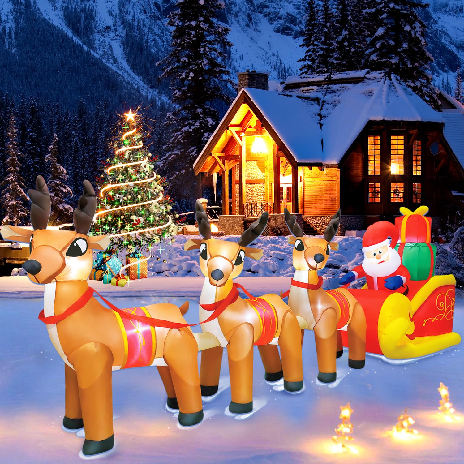 DomKom 10 FT Christmas Inflatable Santa Claus on Sleigh with Three ...