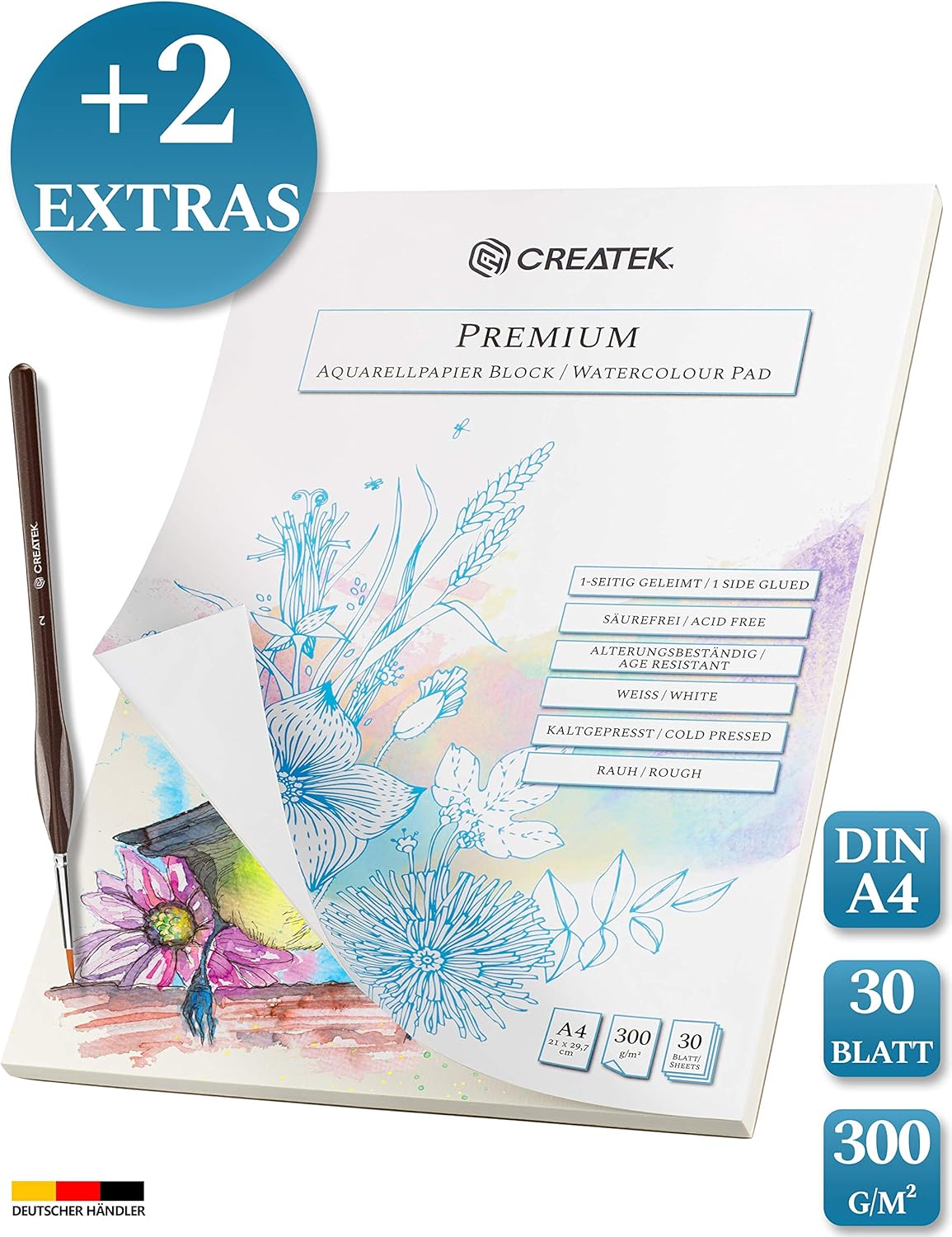 CreaTek Aquarellpapier A4 | 30 Blatt | 300g | geleimt und kaltgepresst + Premium Pinsel und ...