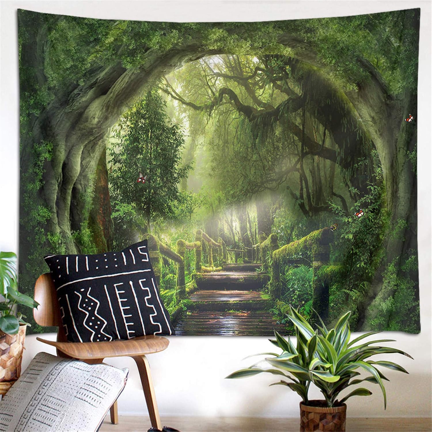 LB Grüner Wald Wandteppich 150x130cm Holzbrücke,Bäume im Dschungel ...