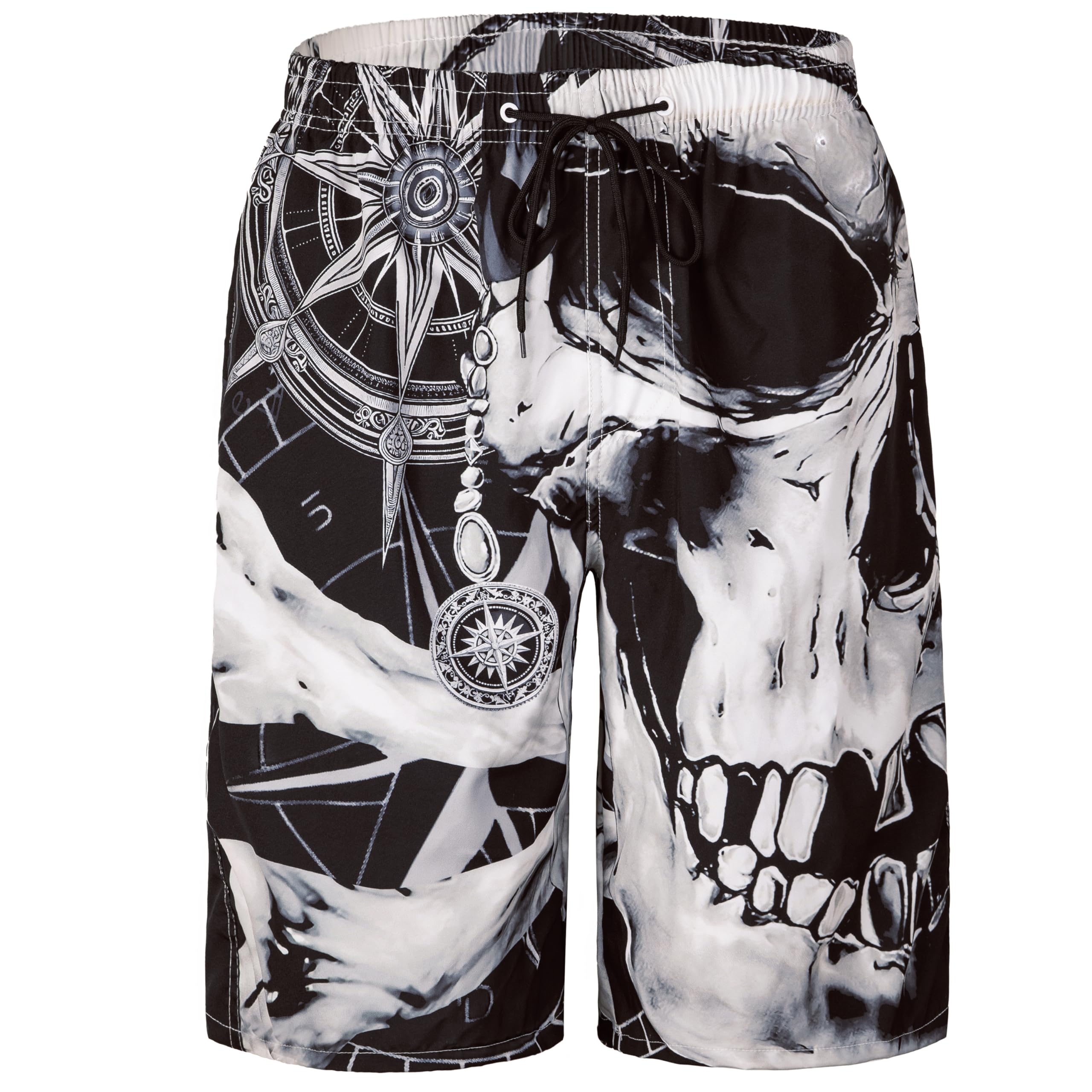 Mens Swim Trunks for Men, Black White Pirate Skull Compass Heavy Metal ...