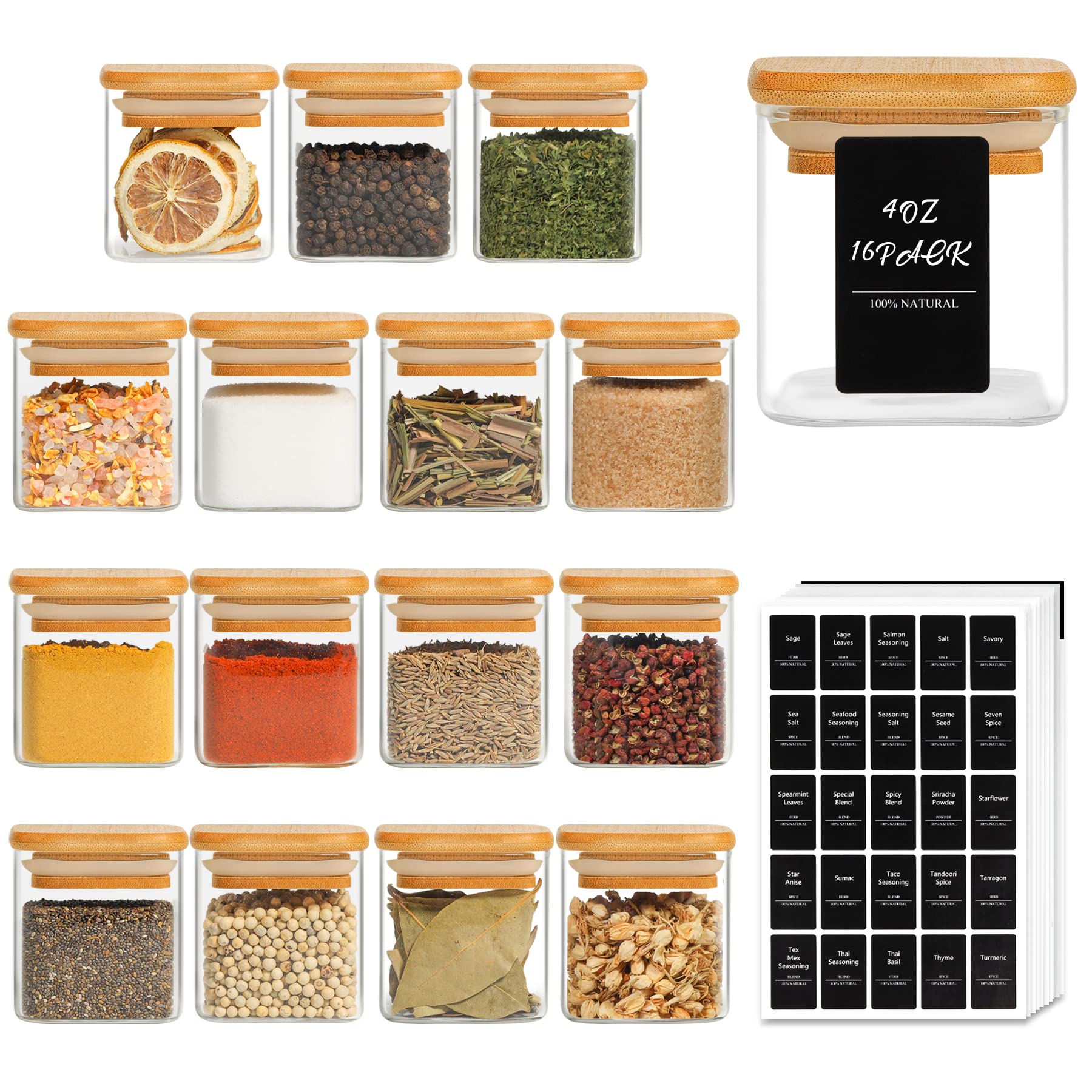 ComSaf 16Pcs Glass Spice Jars with Bamboo Lid, 4oz Airtight Square ...