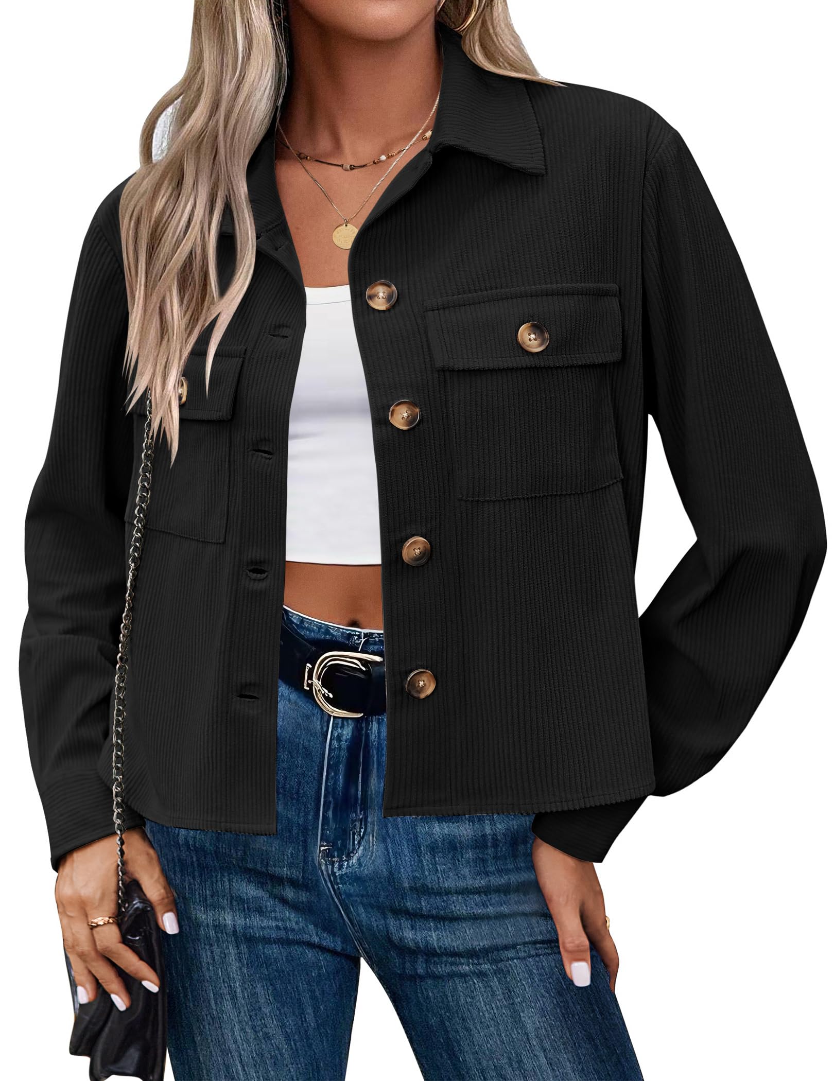 Zeagoo Shackets for Women Cropped Corduroy Jacket Button Down Shirts ...