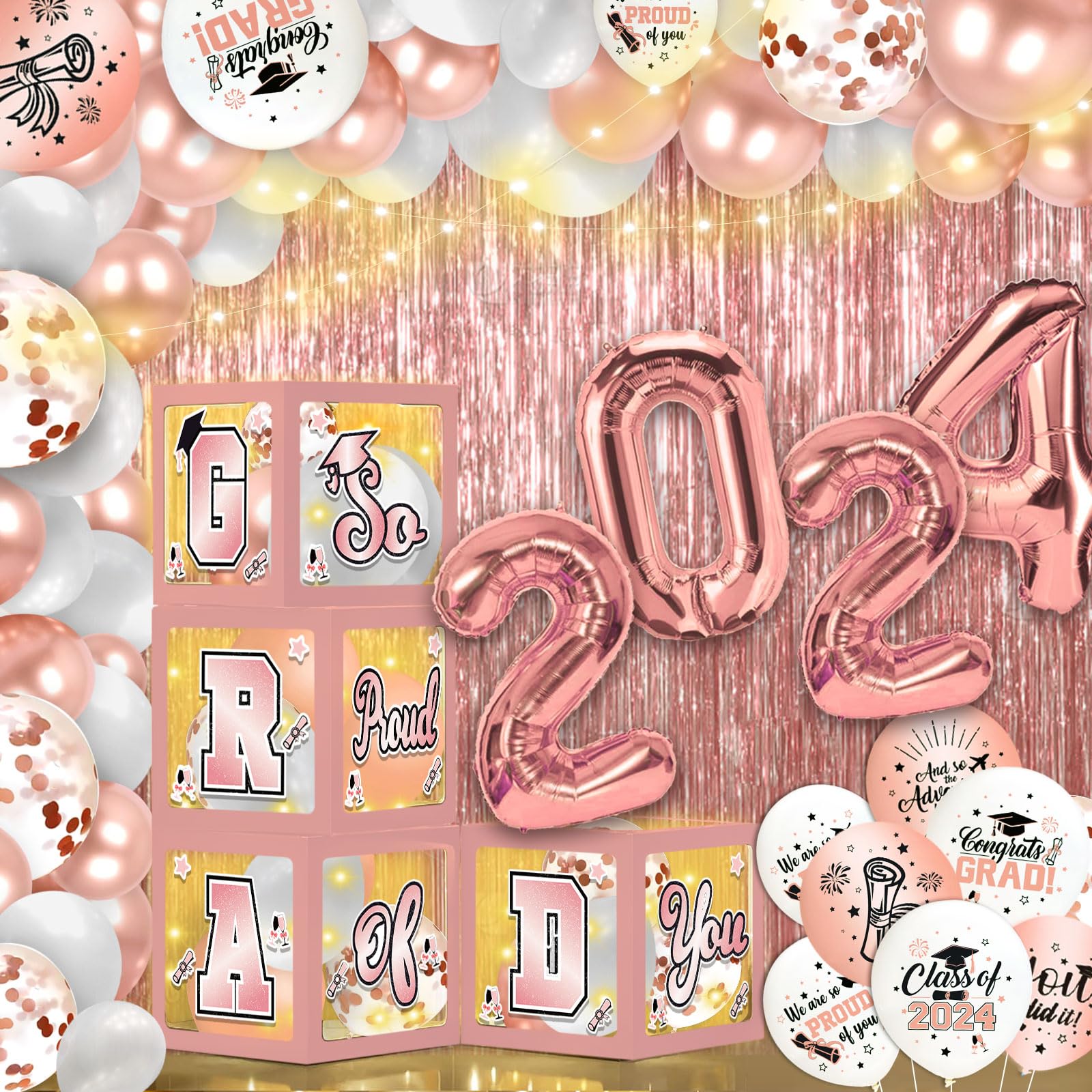 Pink Graduation Balloon Boxes 2024 with Led Light Graduation ...