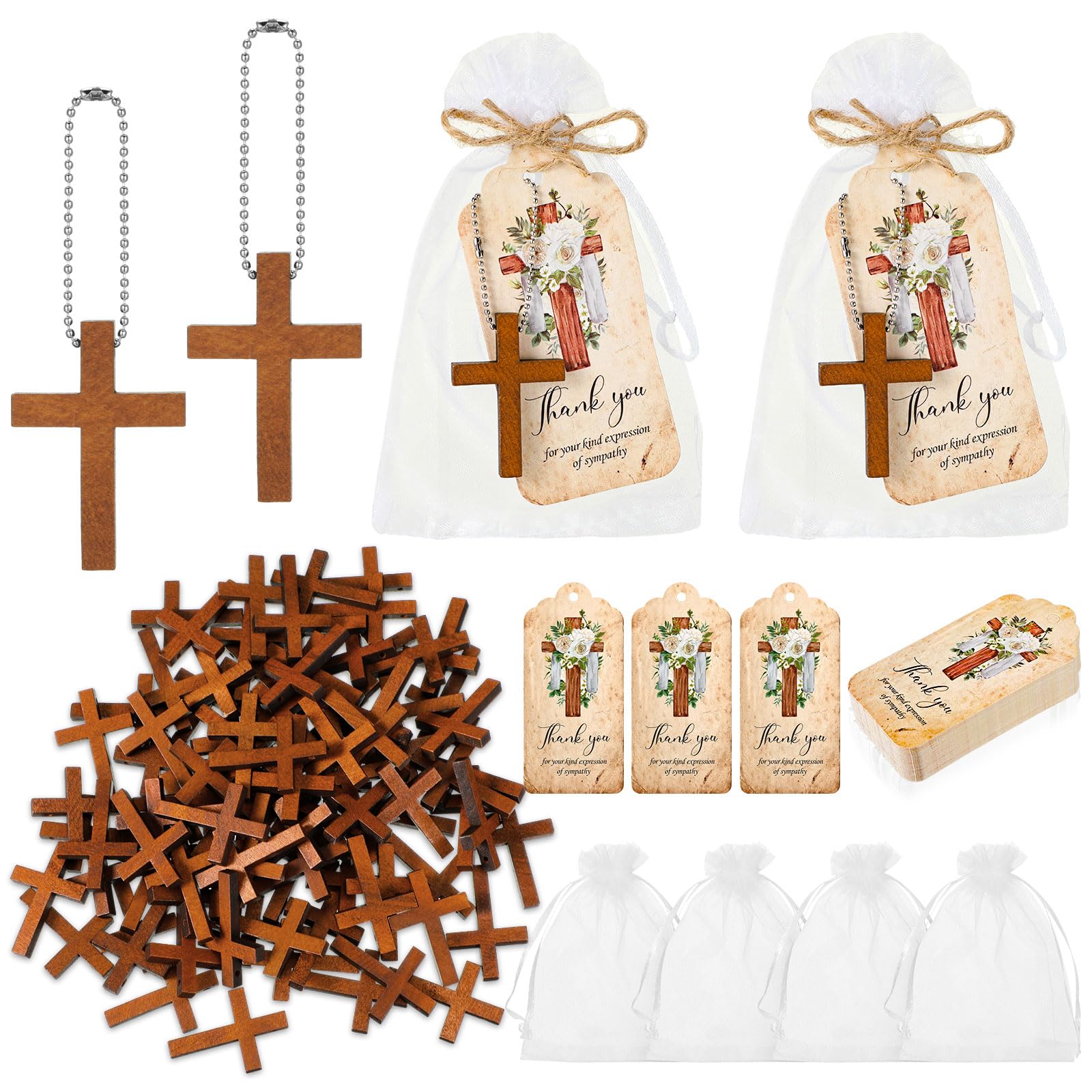 Tradder 100 Set Funeral Favors Set with 100 Wooden Cross Keychain ...