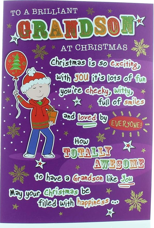 Grandson Christmas Card - Purple card with boy holding balloon & gift 9 ...