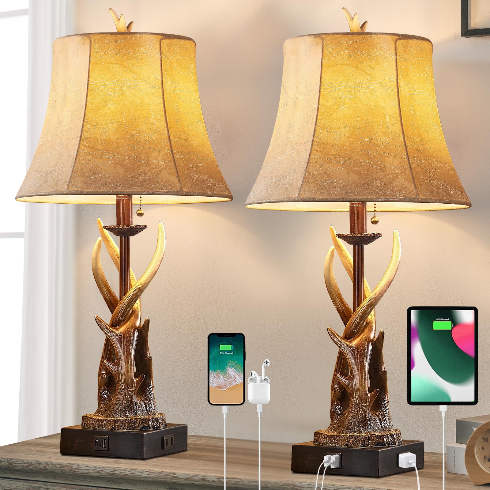 Antler Table Lamps Set of 2 with USB A+C Ports for Bedroom Farmhouse ...