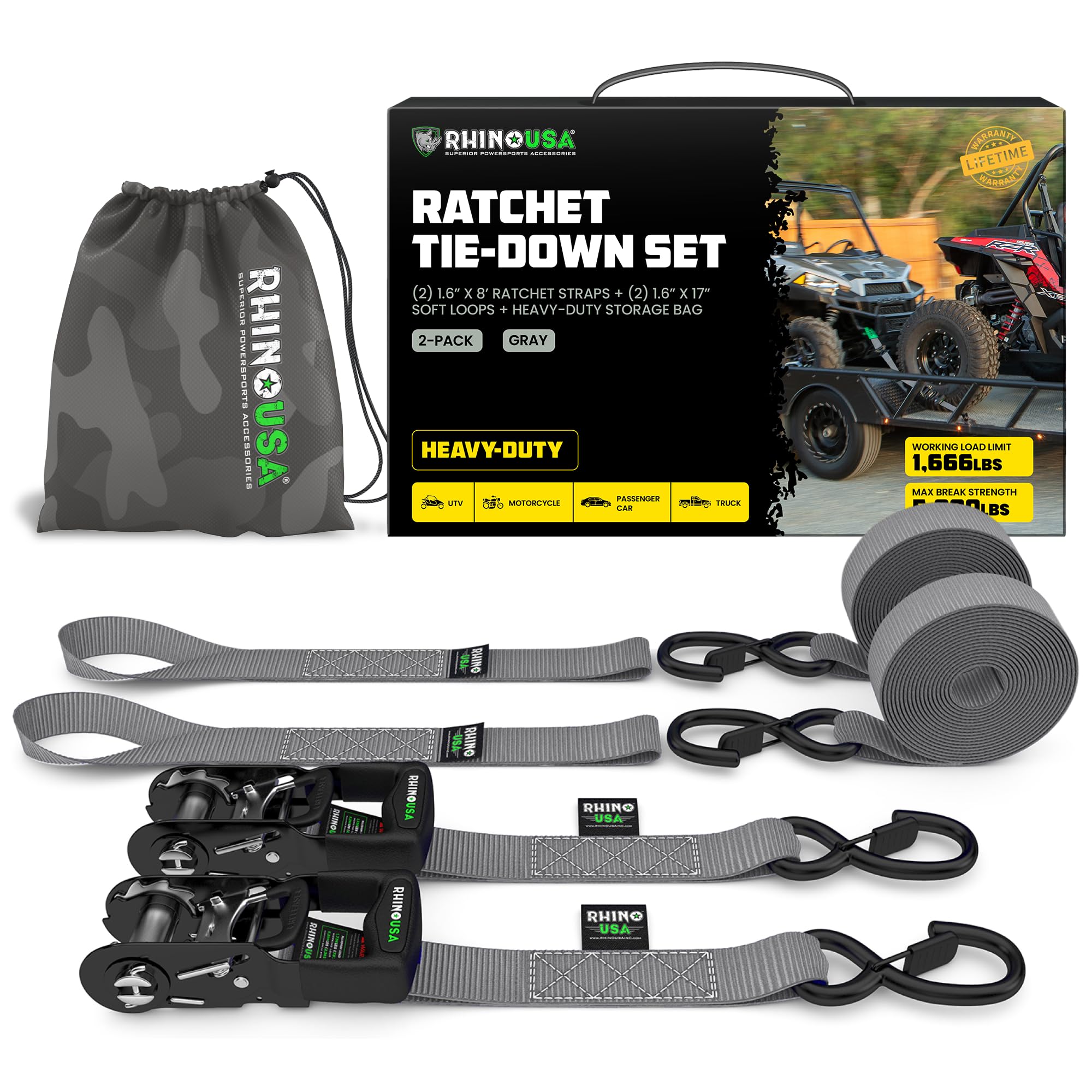 Rhino USA Ratchet Straps Heavy Duty Kit (2-Pack) - 1.6 Inch x 8 Feet (5 ...