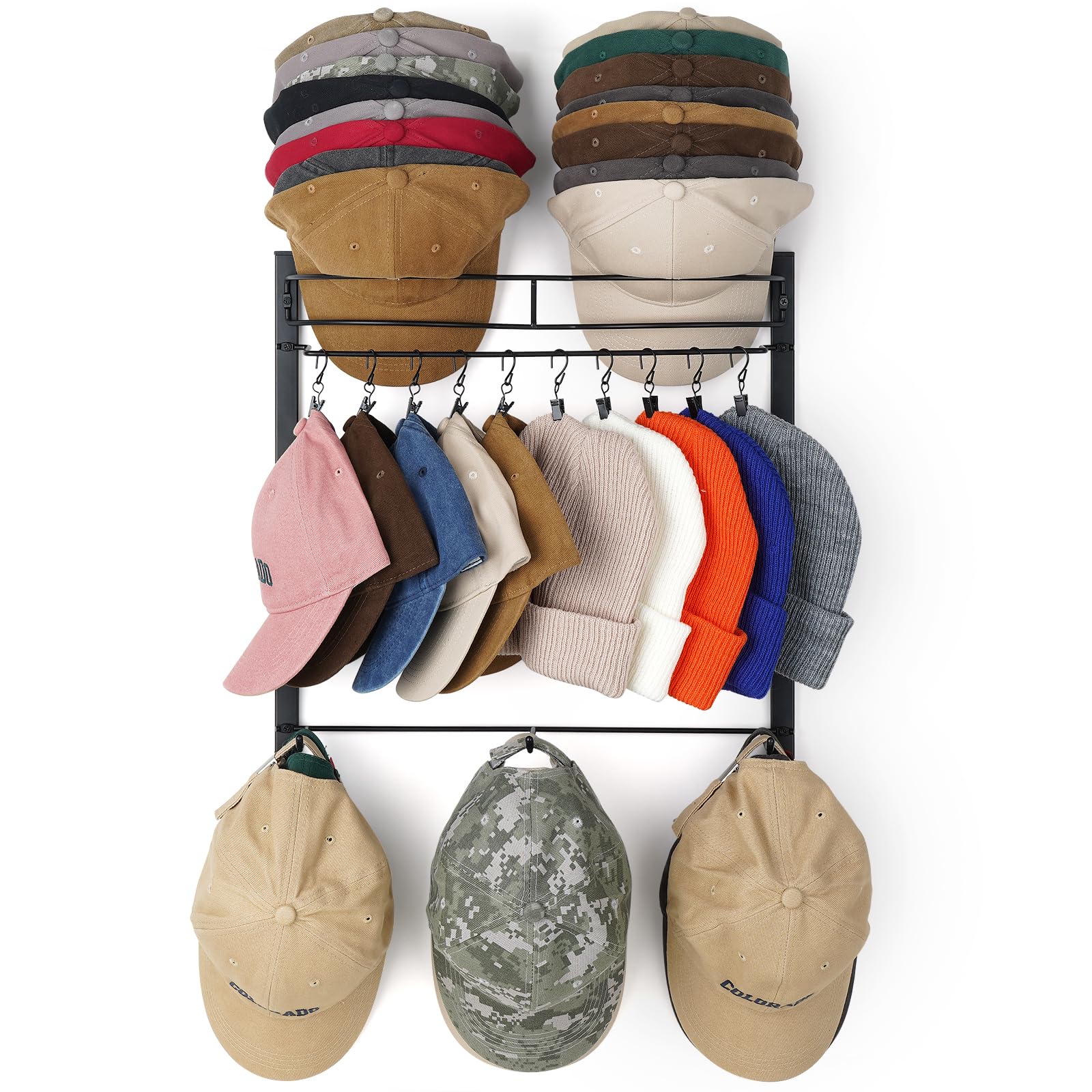 HYDERMUS Hat Rack for 45 Baseball Caps with 10 Clips 3 Tier Hat ...