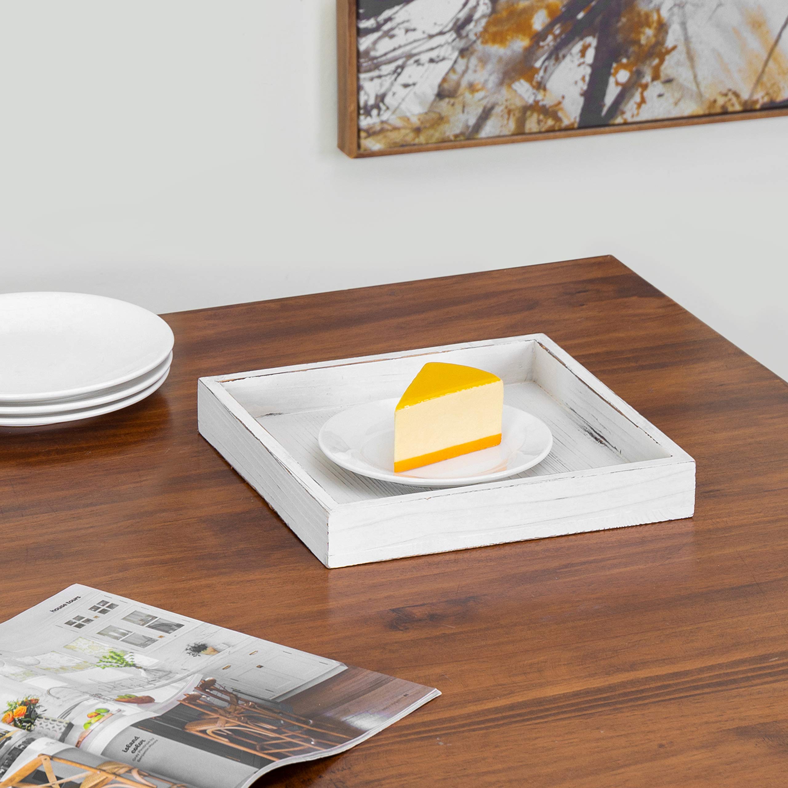 MyGift 10-Inch Square Vintage White Wood Serving Tray
