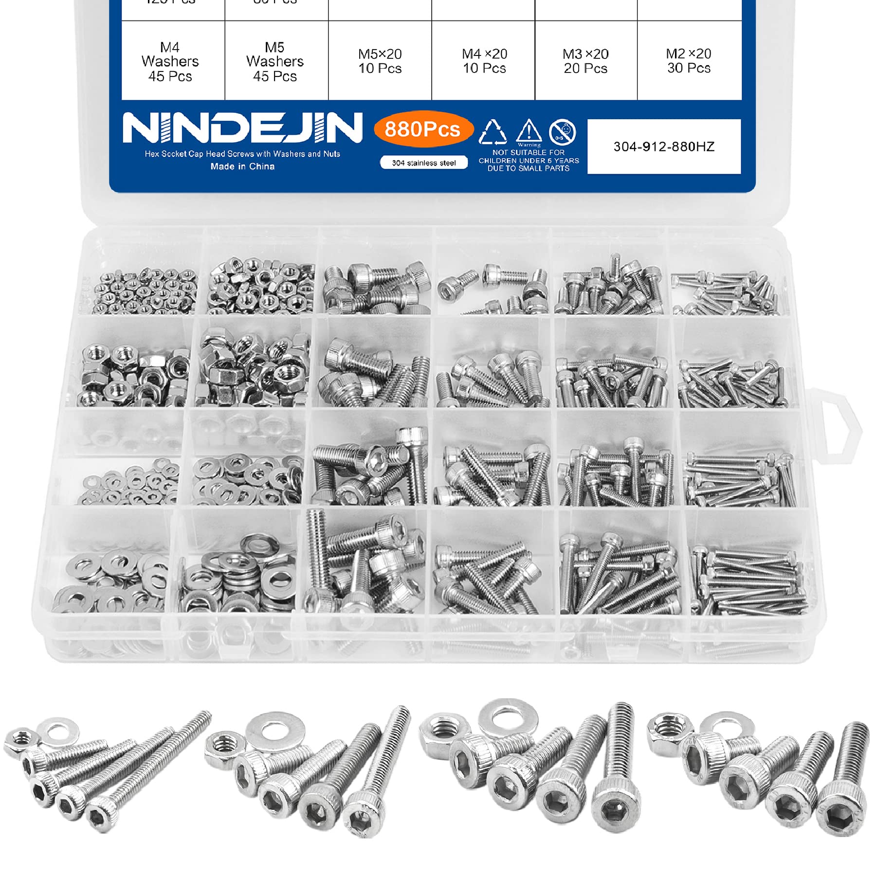 NINDEJIN 880 Pcs Screw Nuts and Bolts Assortment Kit, M2 M3 M4 M5 Metric Bolts and Nuts and ...