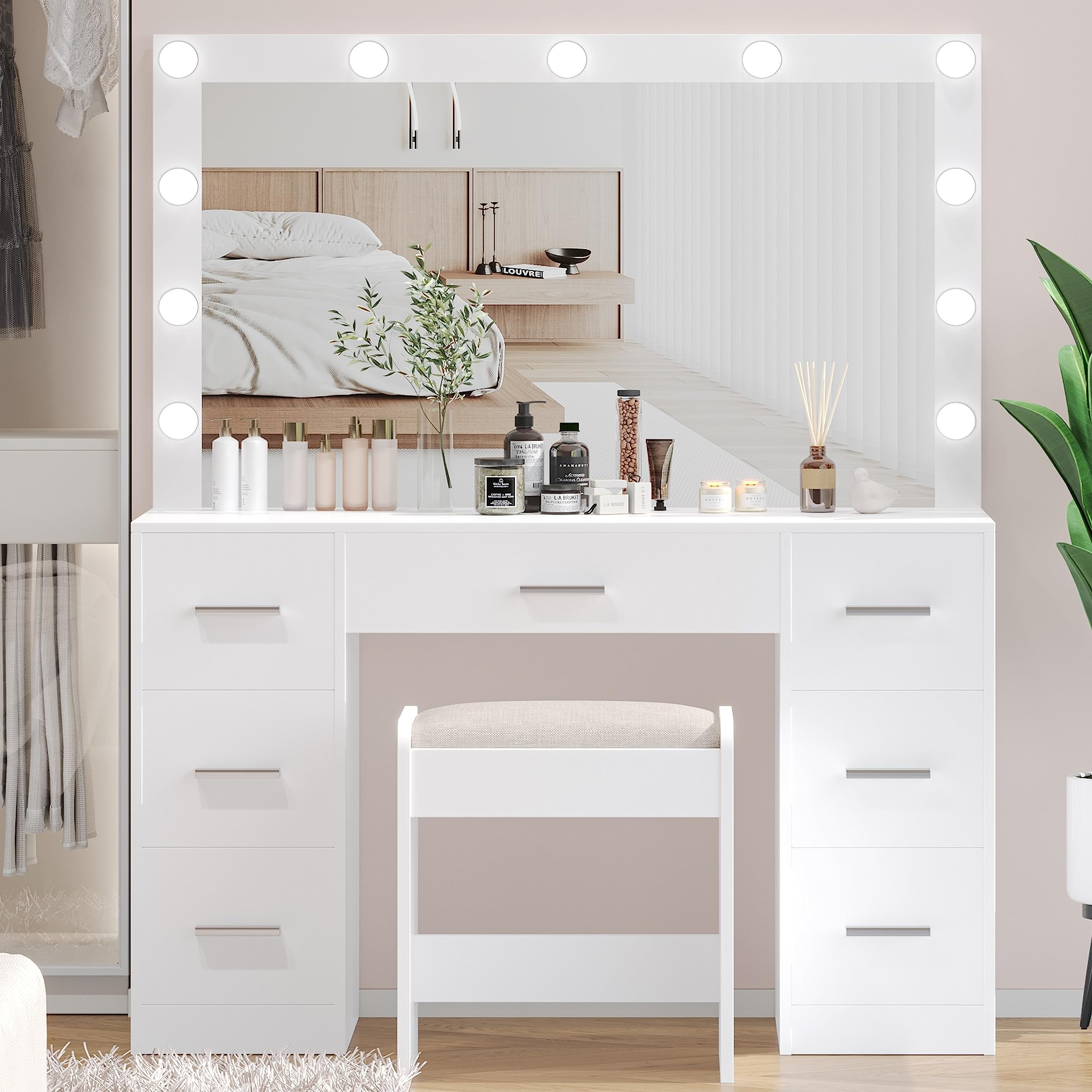Mua Irontar Vanity Desk with Stool, Makeup Table with Lighted Mirror, 3 ...