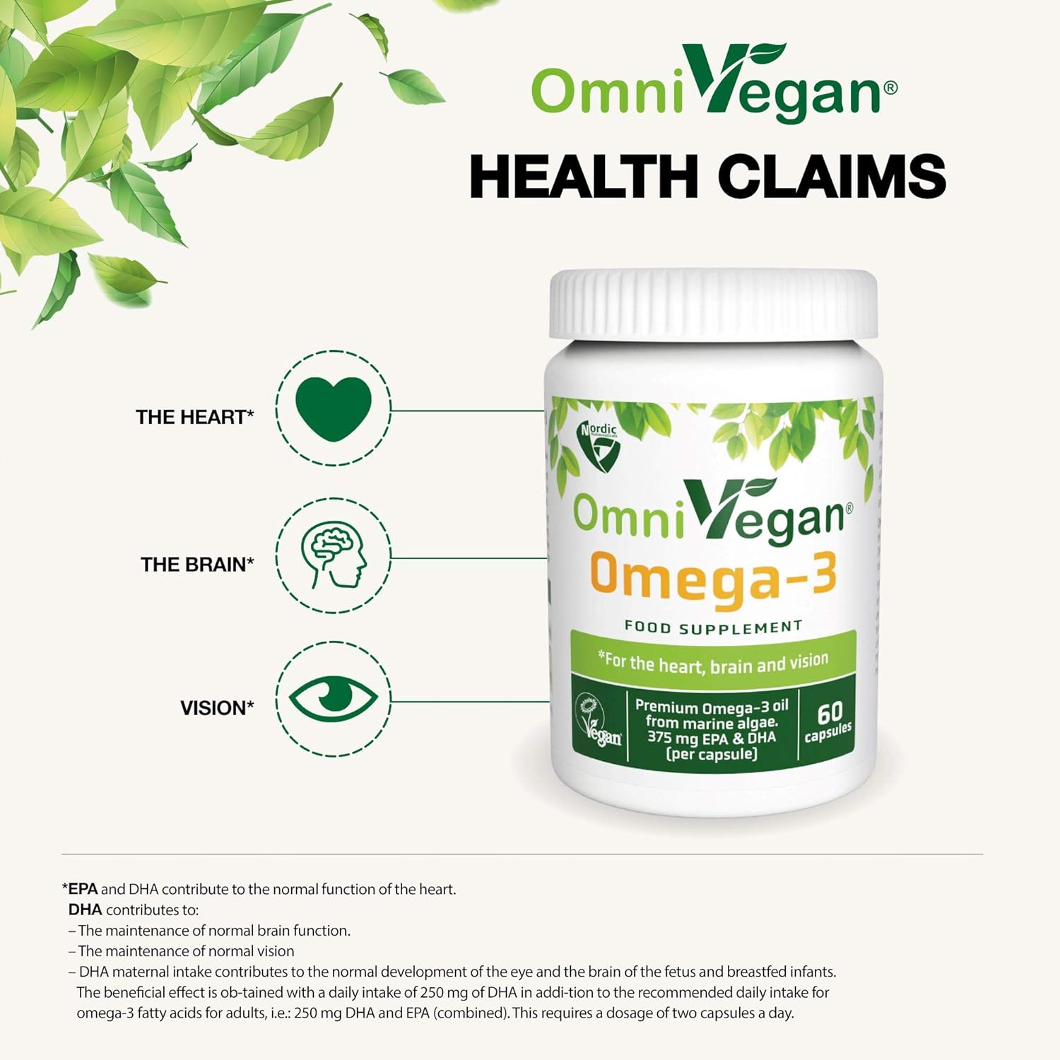 Vegan Omega-3 Marine Algae Oil – DHA 250 mg & EPA 125 mg – 60 Capsules ...