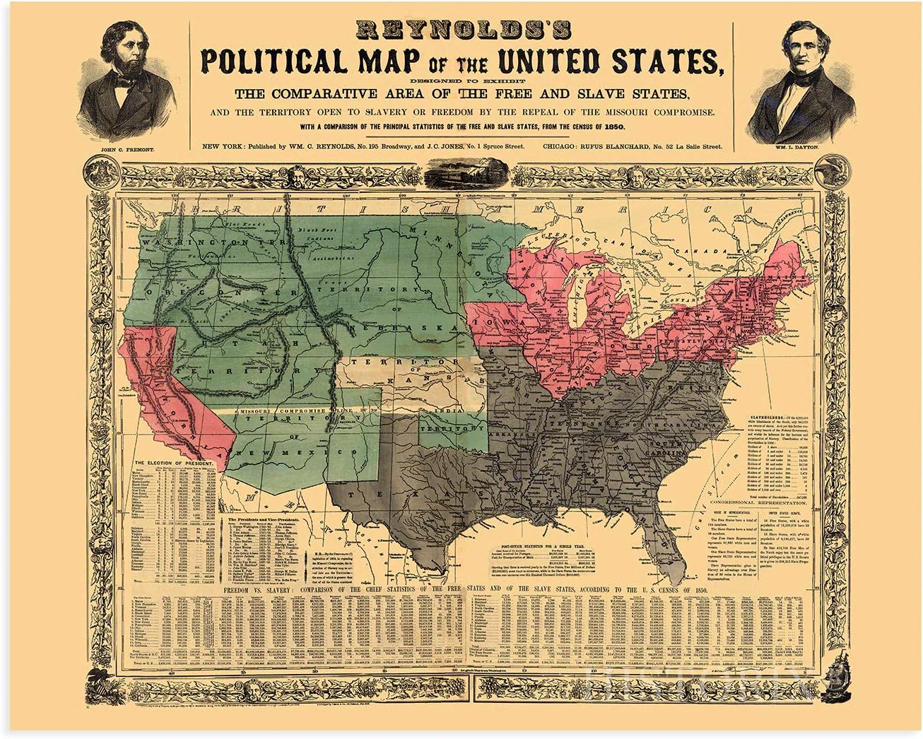 1856 United States Political Map - Vintage Political Map of USA Wall ...