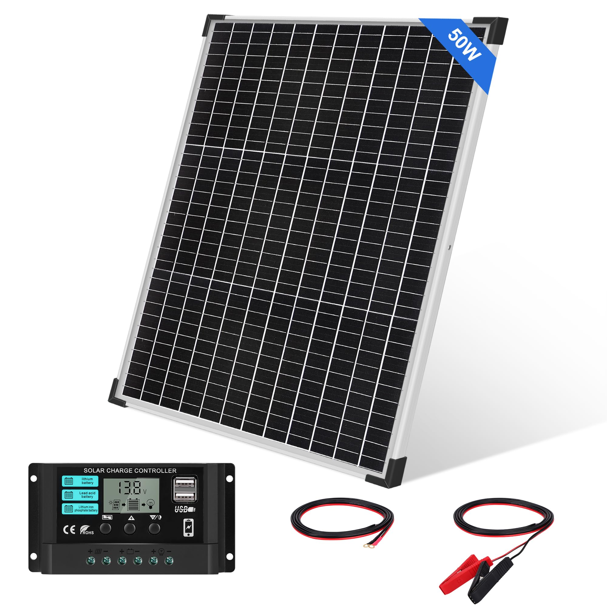 TCEUMIK 50W Solar Panel Kit with 12V/24V 10A PWM Charge Controller High ...