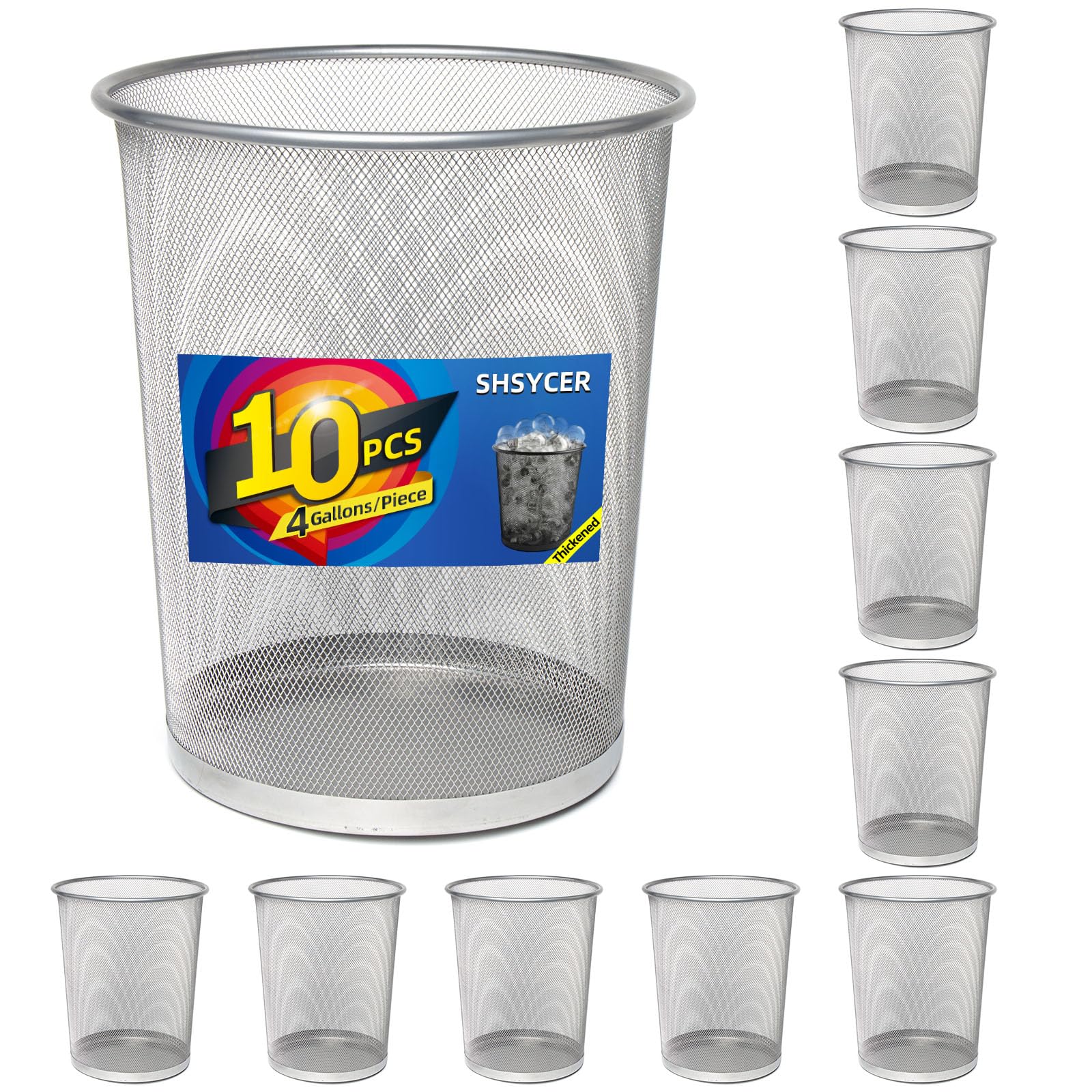 SHSYCER Silver Mesh Trash Cans 4 Gallon, Mesh Office Trash Can 10 Pack ...