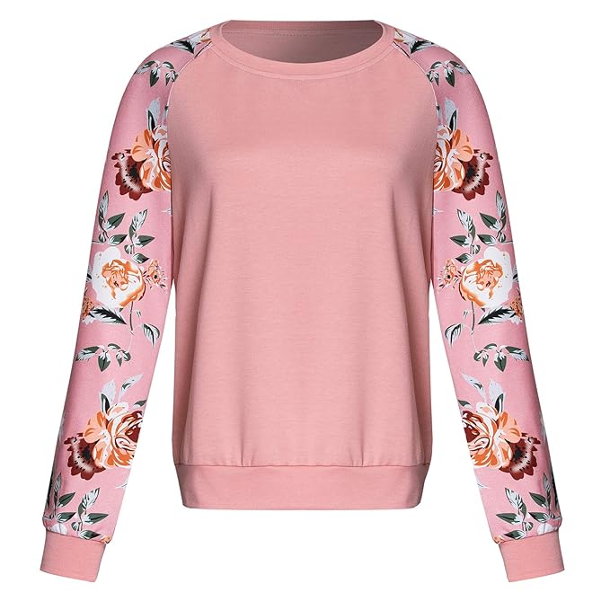 Women's casual pink floral print long sleeve crew neck pullover ...