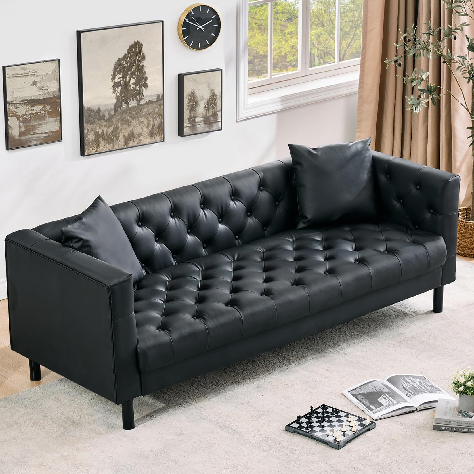 IDEALHOUSE 81" Leather Sofa, Button-Tufted 3 Seater Sofa, Mid-Century ...