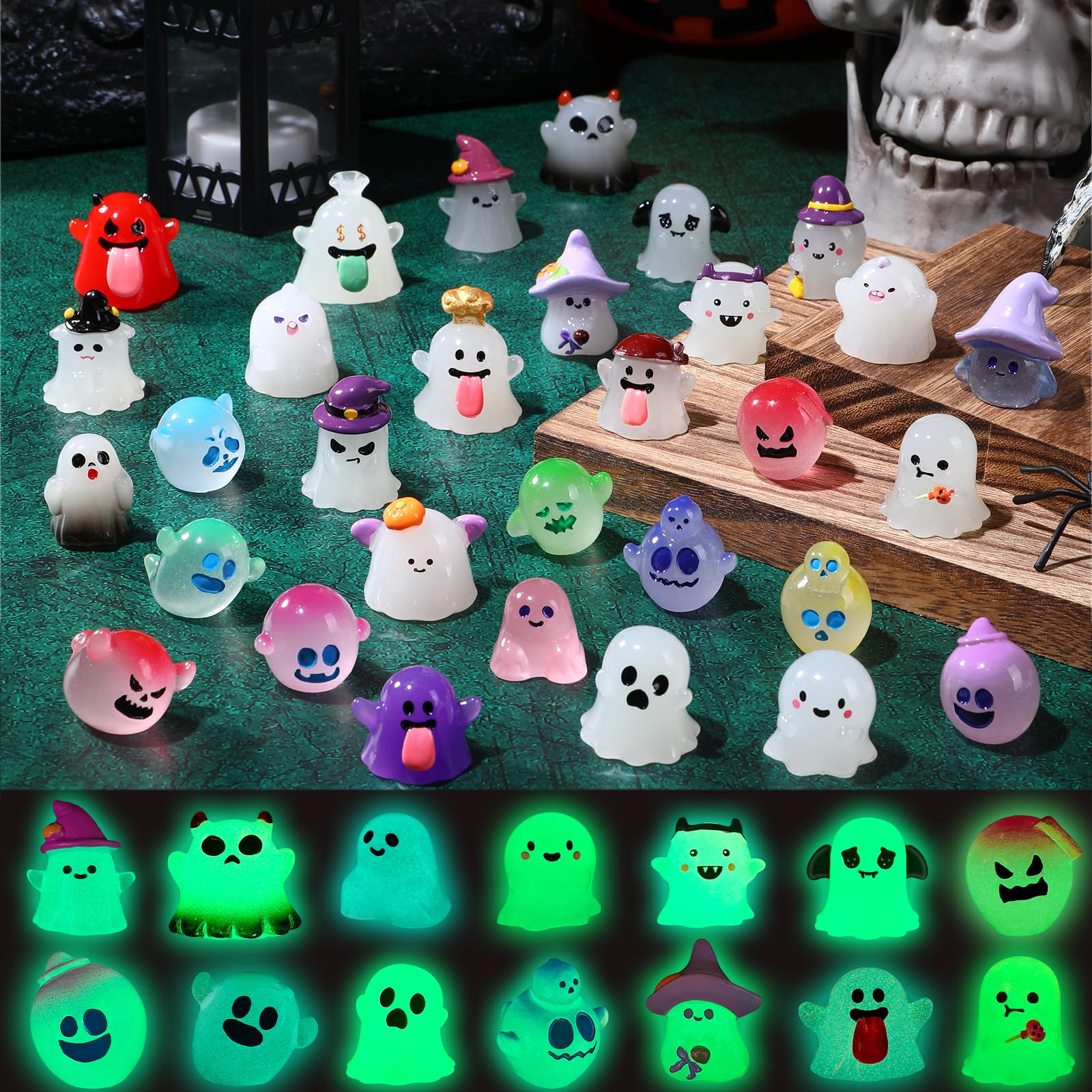 DULEFUN 31pcs Halloween Mini Ghosts Figures Decor, Luminous Small ...