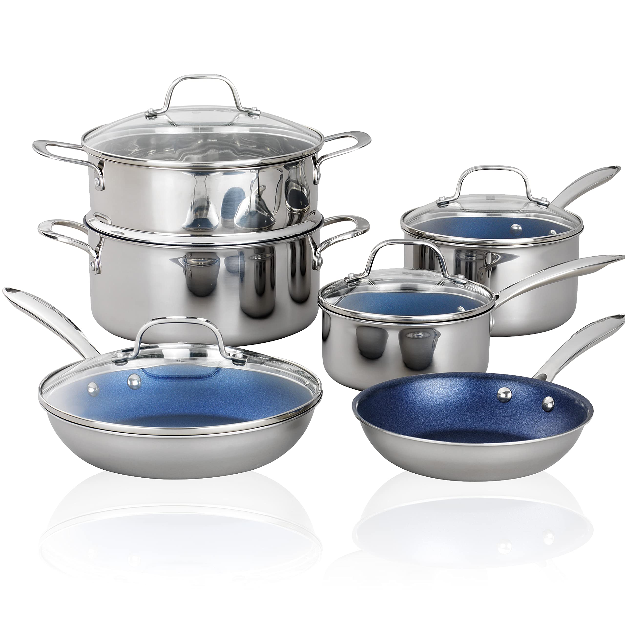 Granitestone Blue Nonstick Cookware Set, Tri-Ply Base, Stainless Steel ...
