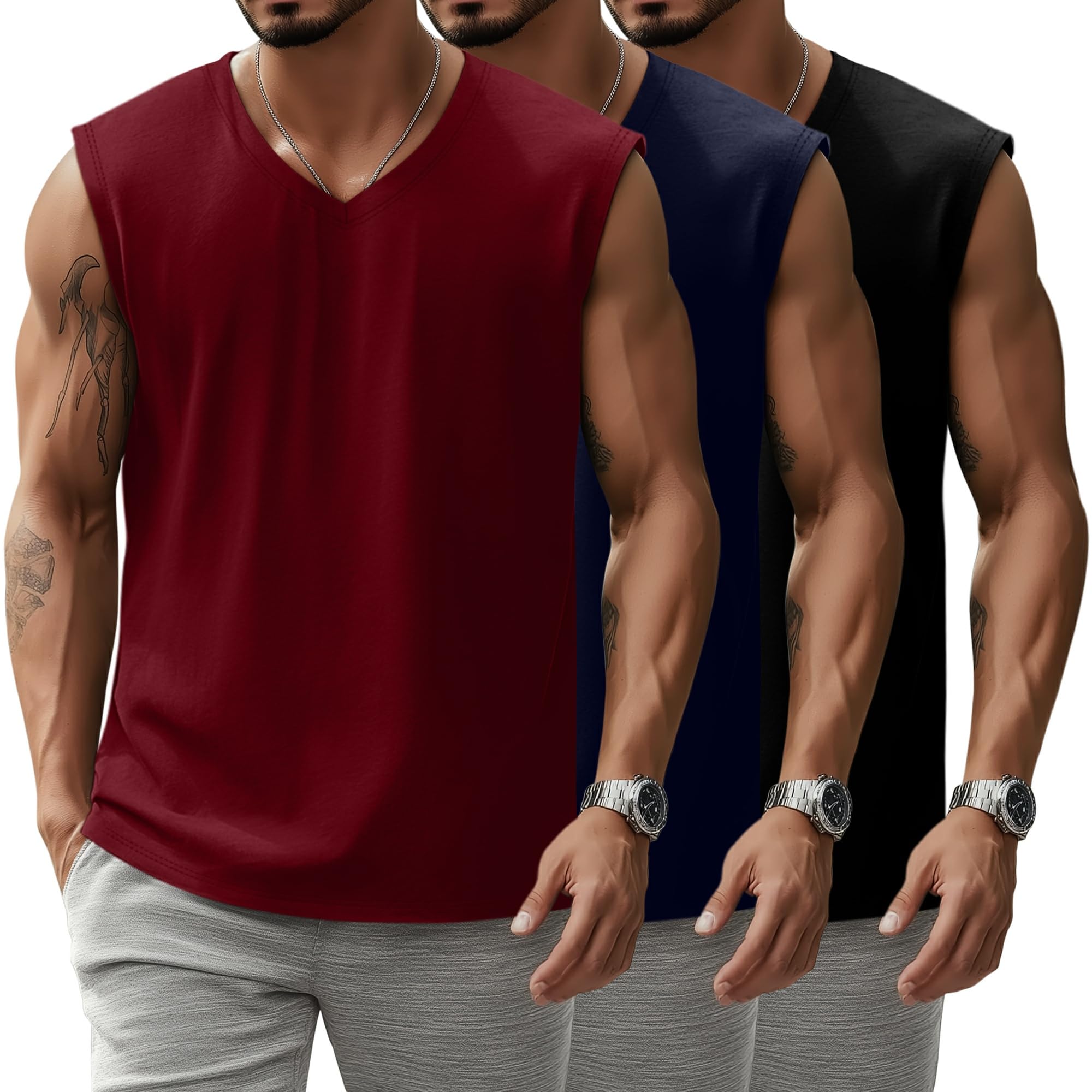 Evervibe 3 Pack Mens V Neck Tank Tops 95% Cotton Sleeveless Big and ...