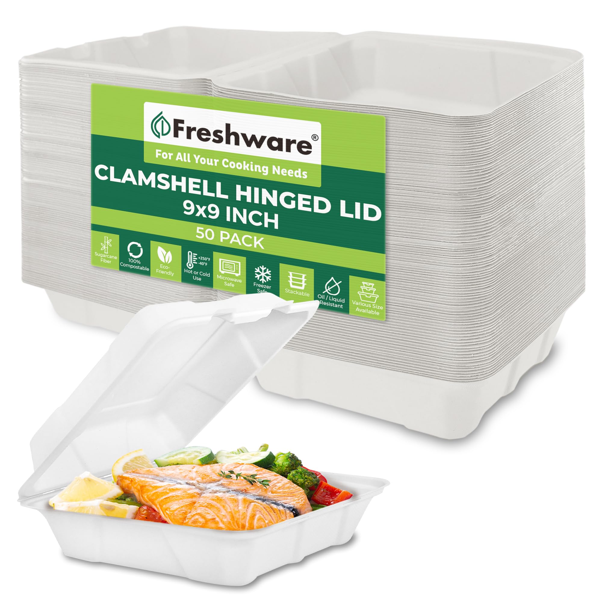 Freshware Compostable Clamshell Take Out Food Containers [9x9" 50-Pack ...