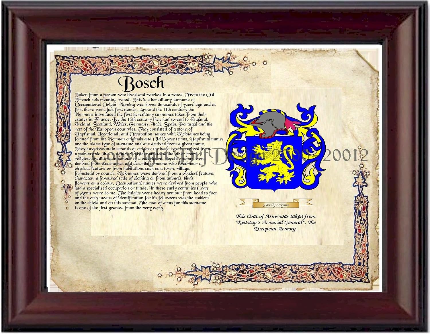 Amazon.com: Bosch Coat of Arms/ Family History 11" x 13 " Wood Framed ...