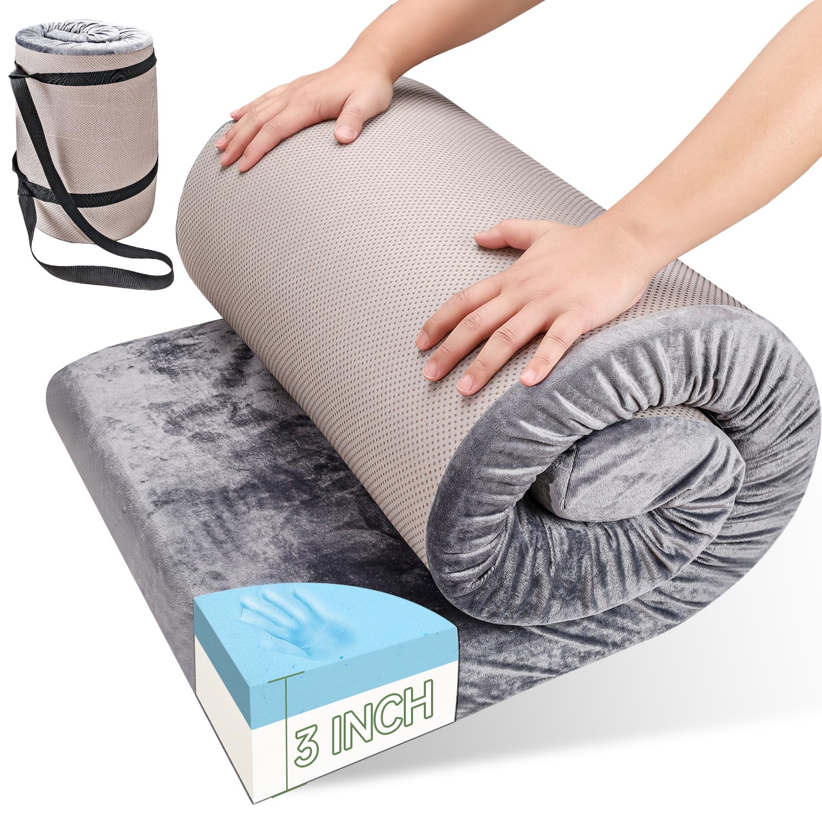 Memory Foam Camping Mattress pad,3 Inch Thick Floor Sleeping Mat Pad ...