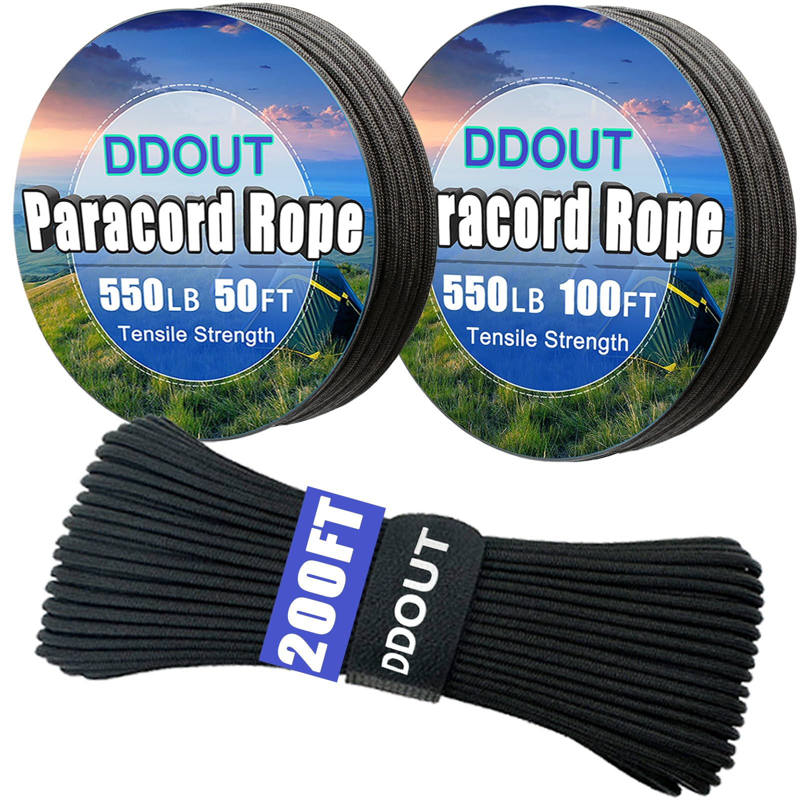 DDOUT Paracord 550 Nylon Rope with 7-Strand Core, 10 Colors and 50/100/200 ft, 550lb Strength ...