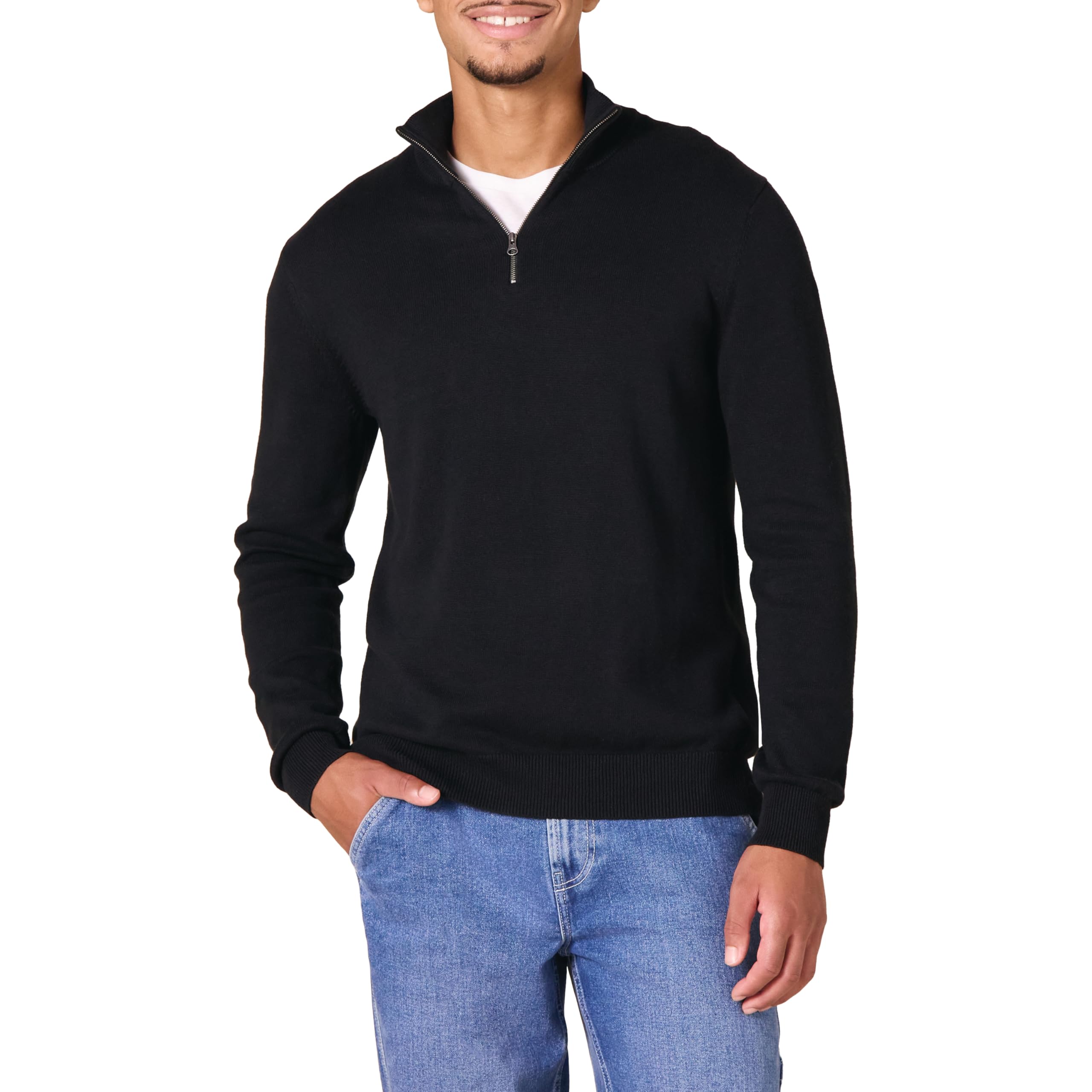 Amazon Essentials Men's 100% Cotton Quarter-Zip Sweater, Black, Medium ...