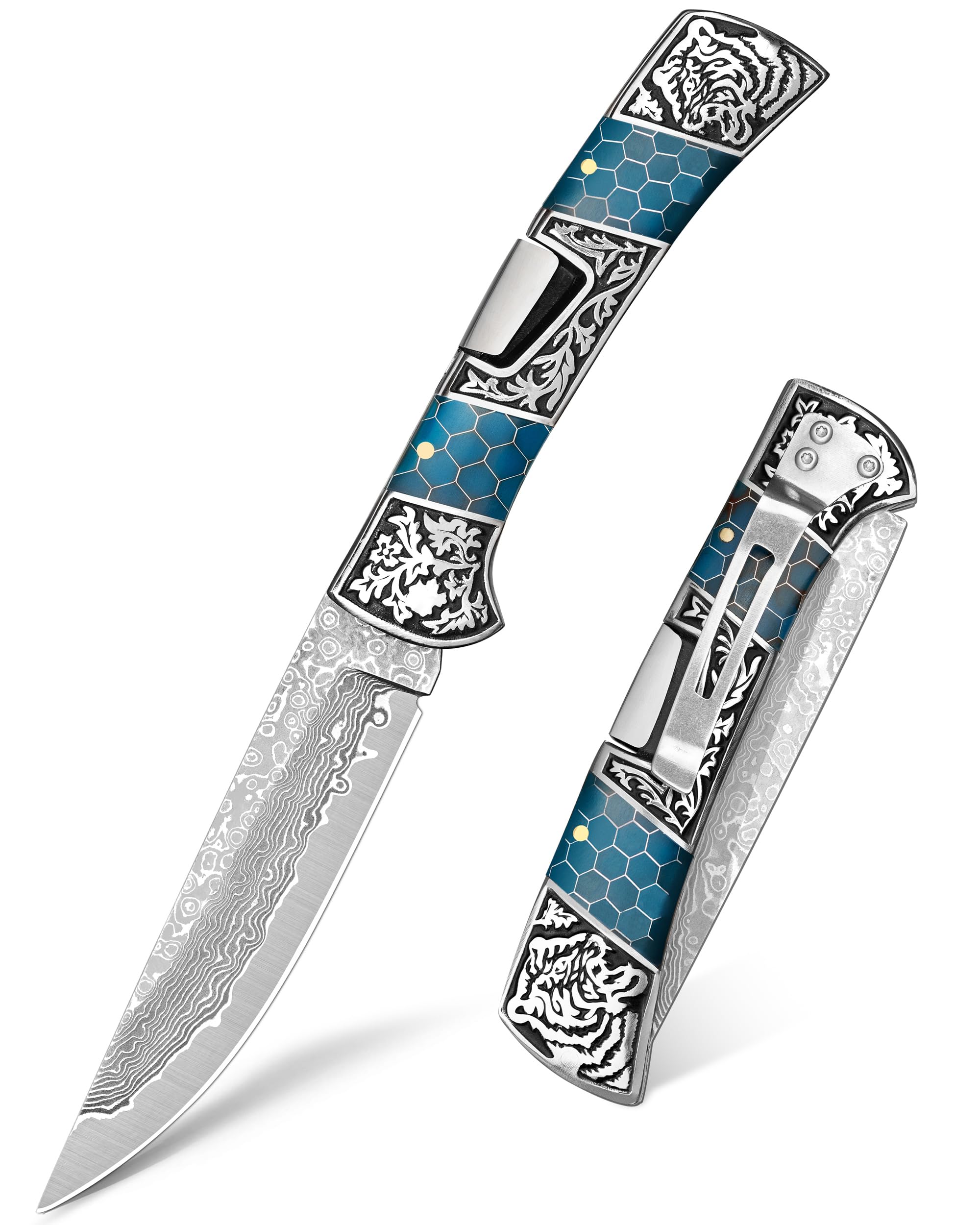 NedFoss SMILODON Damascus Pocket Knife for Men, 4" Back Lock Folding ...