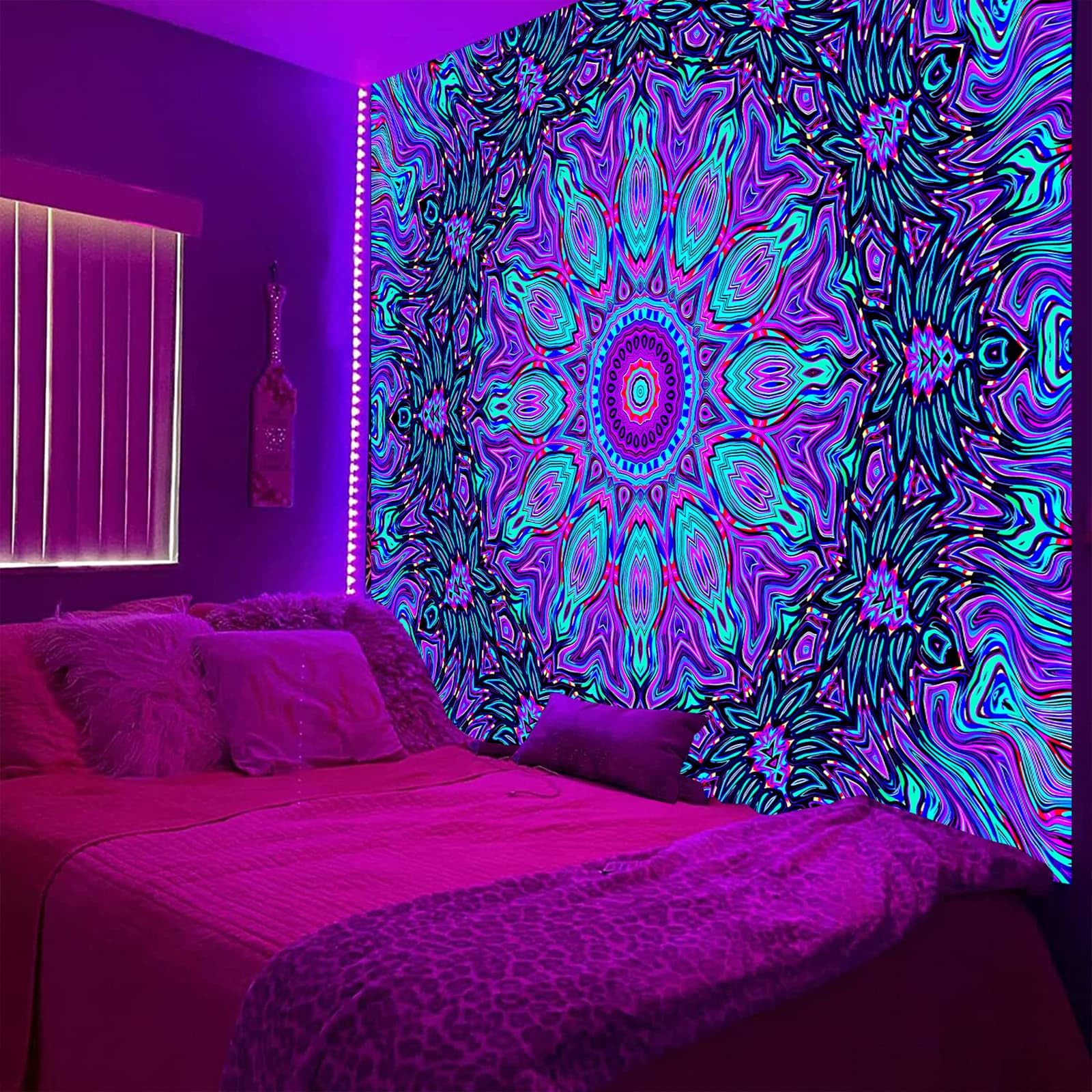 PSYHILAR Blacklight Mandala Tapestry for Bedroom, Psychedelic Black ...