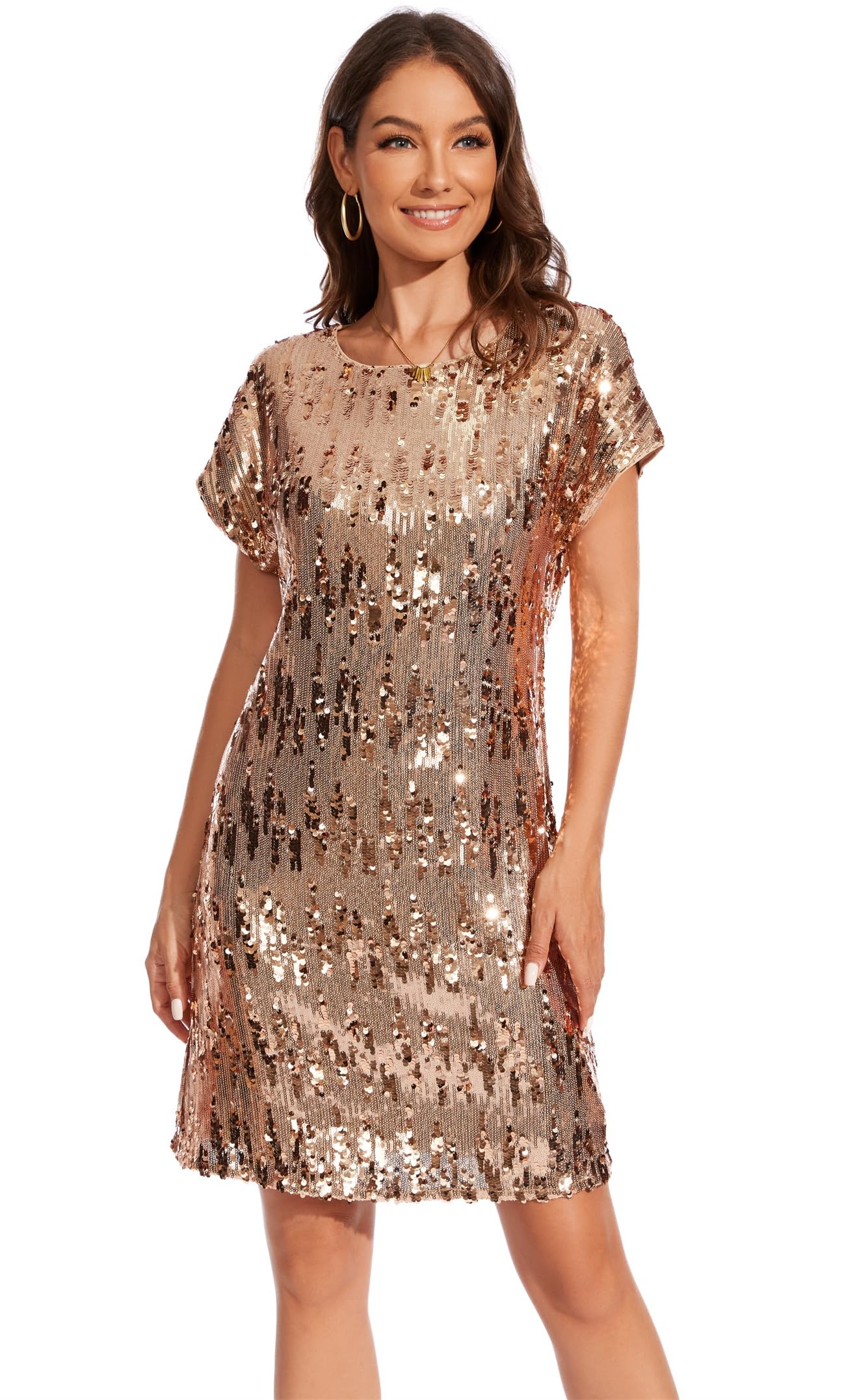 FEMI SEMI Women's Crewneck Sequin Shift Dress Short Sleeve Casual ...