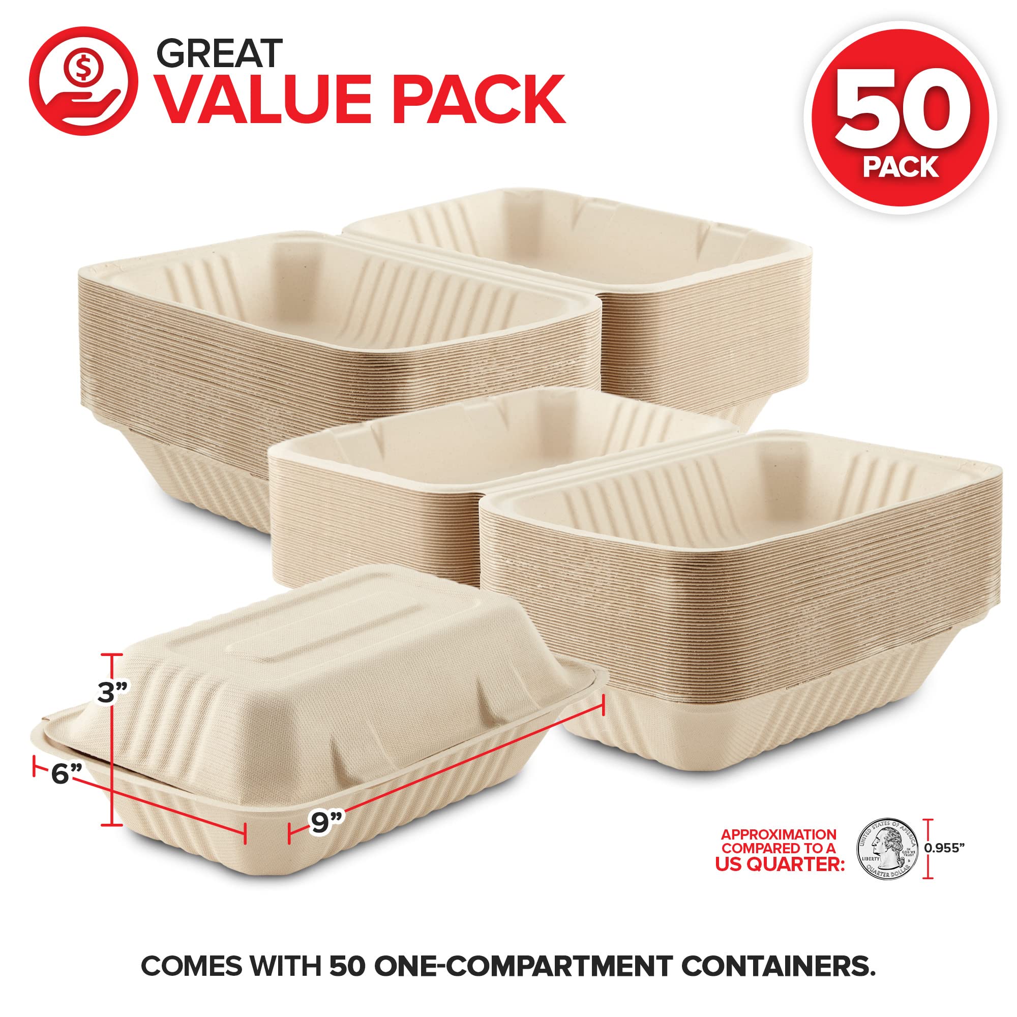Clamshell Take Out Food Containers 9" X 6” (50 Pack) 1-Compartment ...
