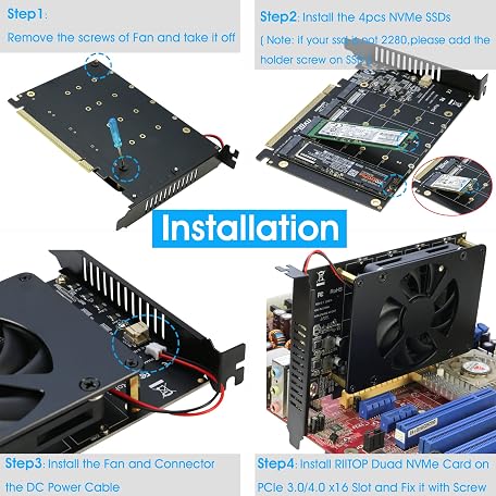 Mua Quad NVMe PCIe Adapter, RIITOP 4 Ports M.2 NVMe SSD to PCI-e 4.0/3. ...