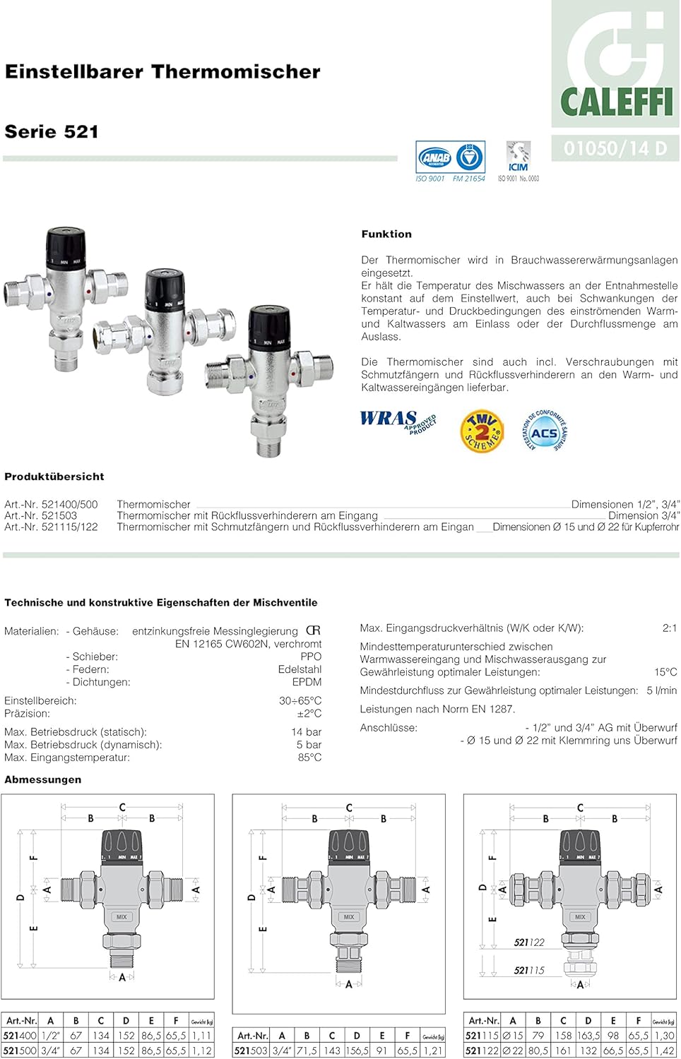 Caleffi 521500 Adjustable Thermostatic Mixing Valve 3/4 Inch 30 – 65 °C ...