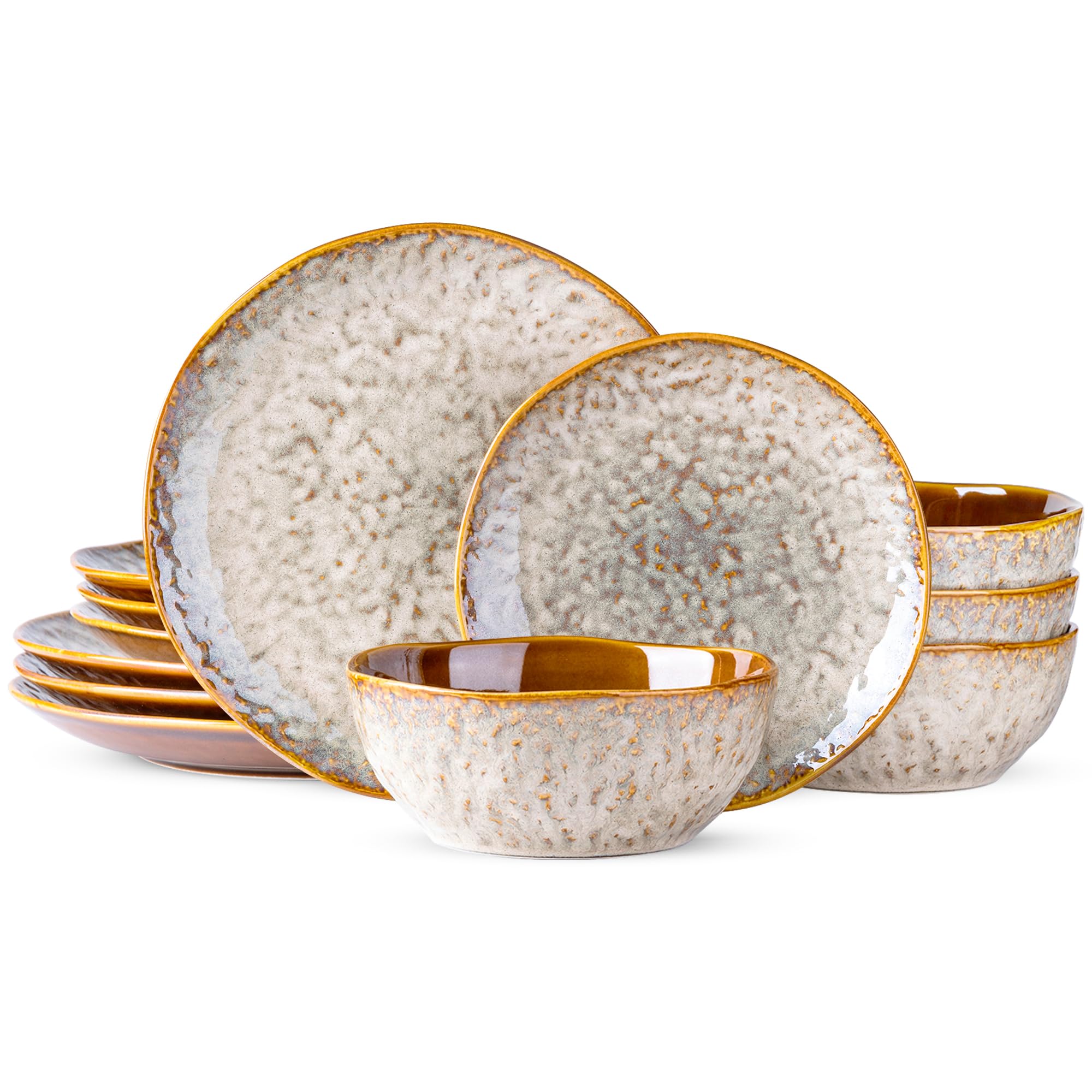 LERATIO Ceramic Dinnerware Sets of 4, Plates and Bowls Sets with Wavy ...