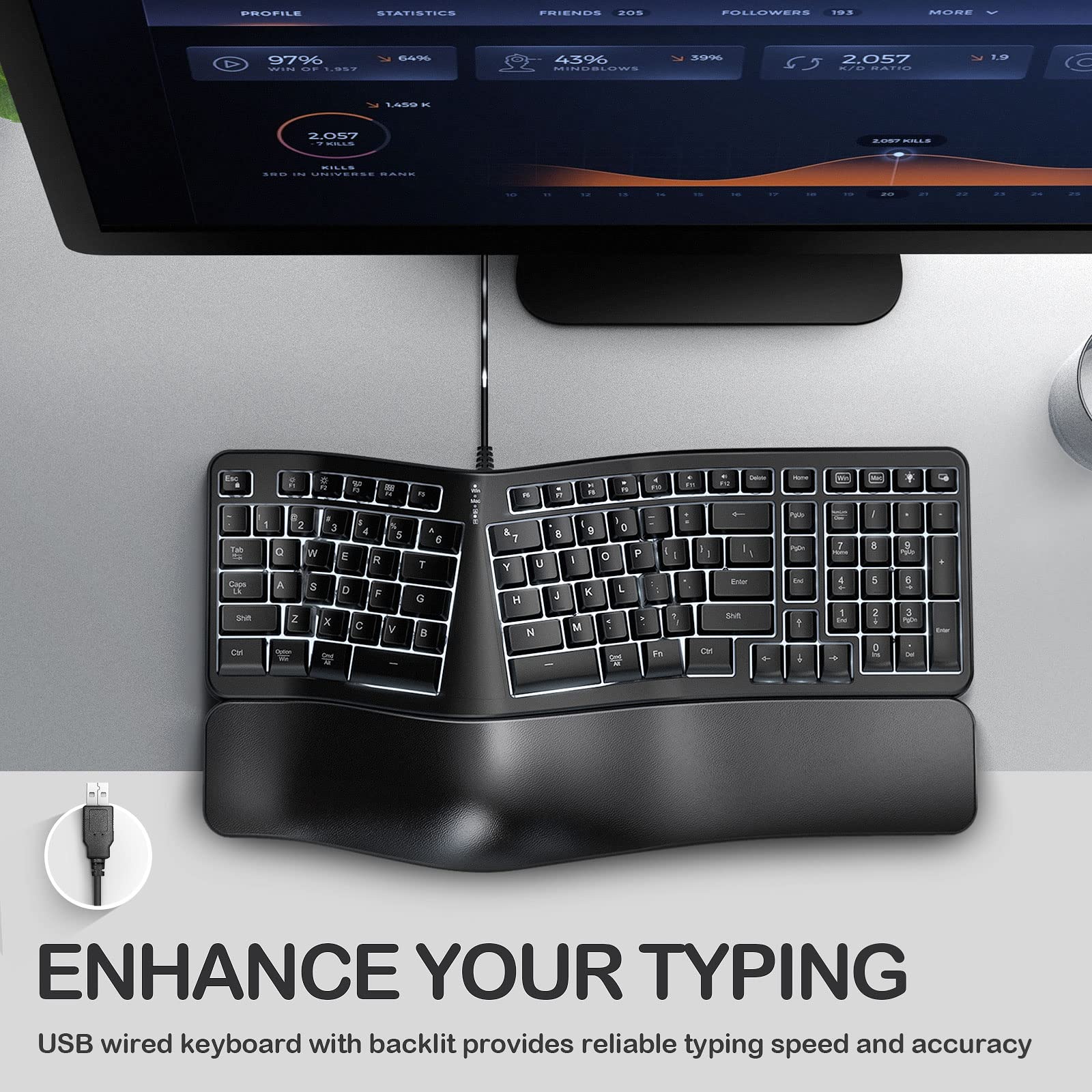 Mua Backlit Wired Ergonomic Keyboard USB Split Keyboard with Wrist Rest ...