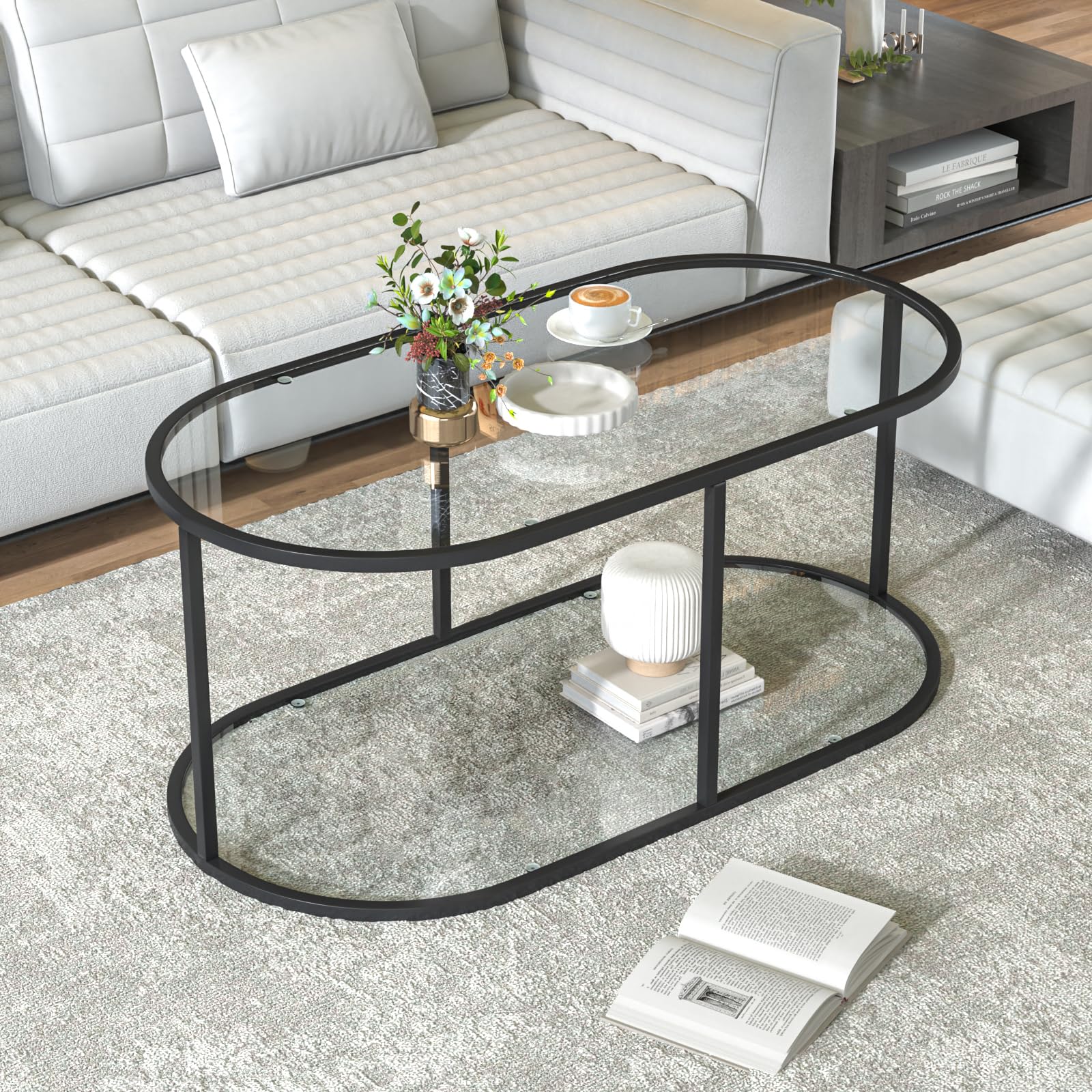Wolawu Coffee Table Black Glass Coffee Table for Living Room,2 Tiers ...