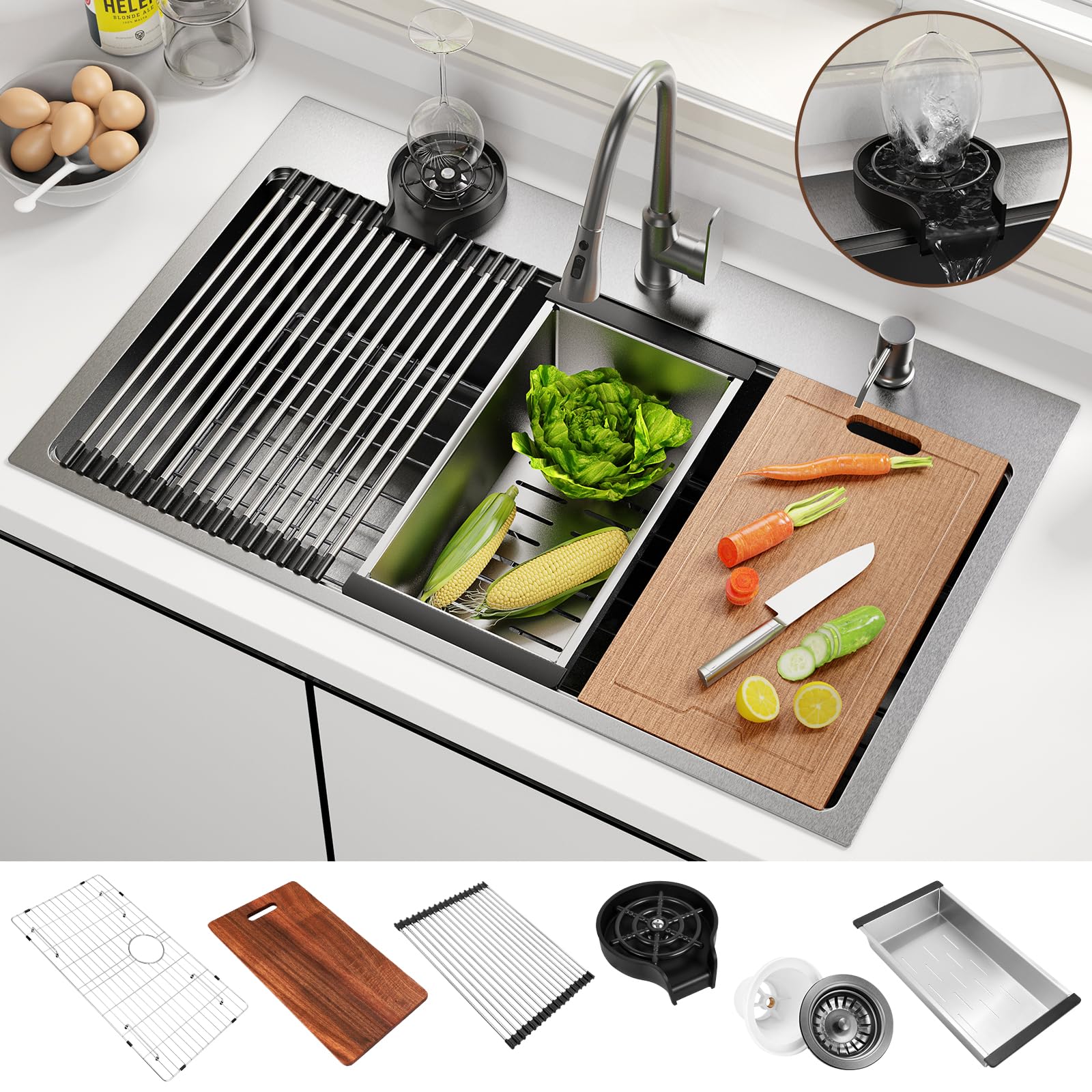 BURCHAIN 33x22 Inch Kitchen Sink Gunmetal Gray Drop In Stainless Steel ...