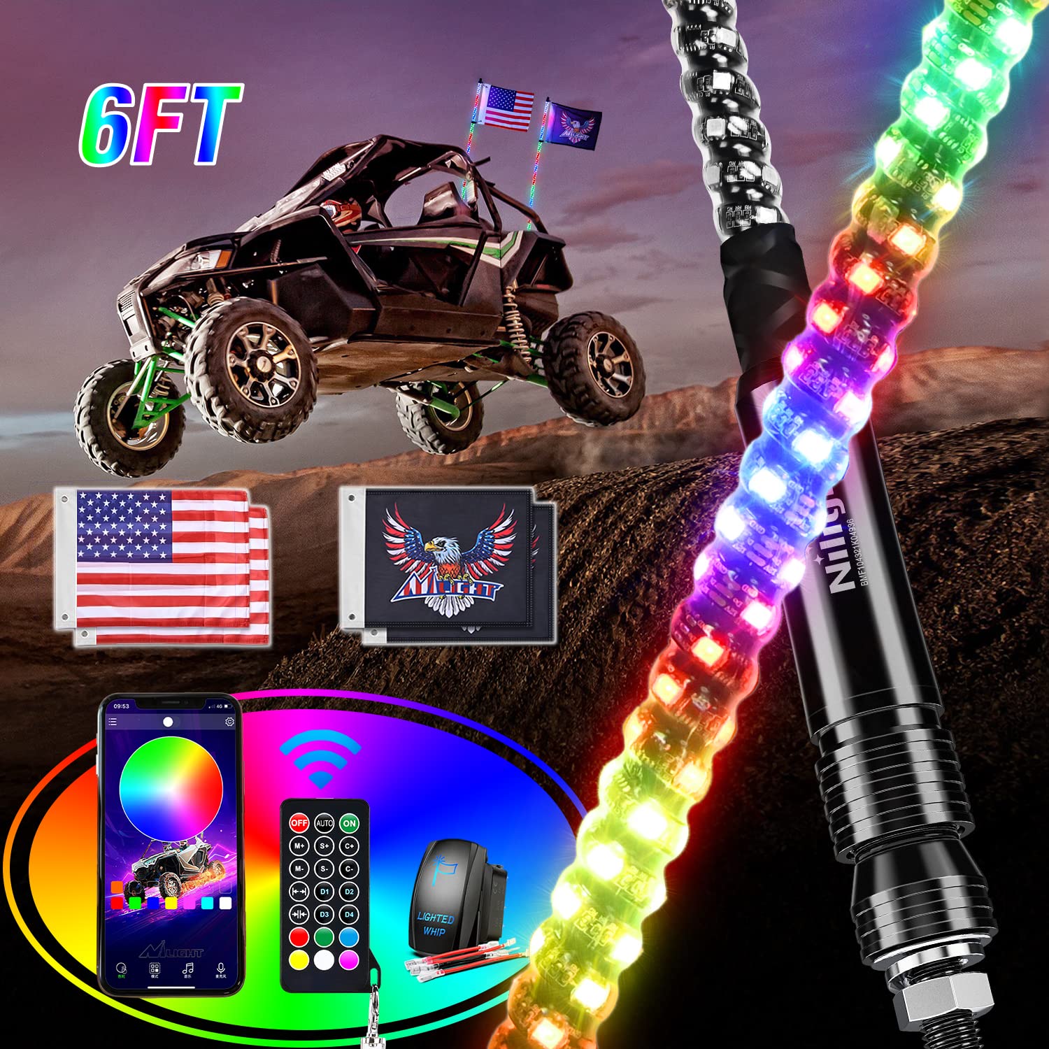 Nilight 2PCS 6FT RGB LED Whip Light, Remote & App Control w/DIY Chasing ...