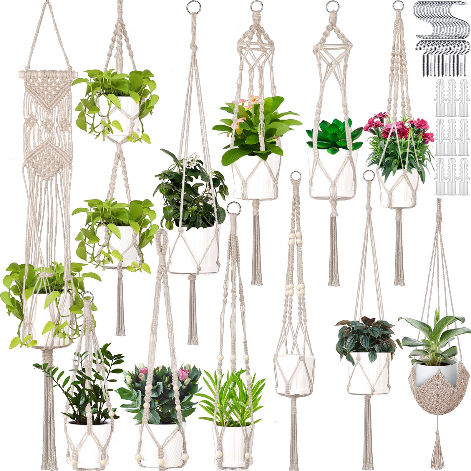 Hoteam 12 Pcs Macrame Plant Hangers Macrame Hanging Planters for Indoor ...