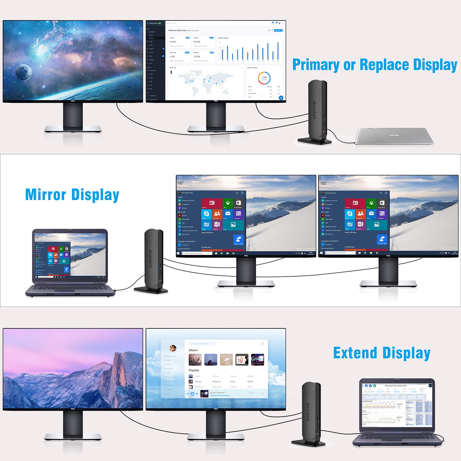 Mua USB 3.0 Universal Laptop Docking Station, Acodot Dual Monitor Dock ...