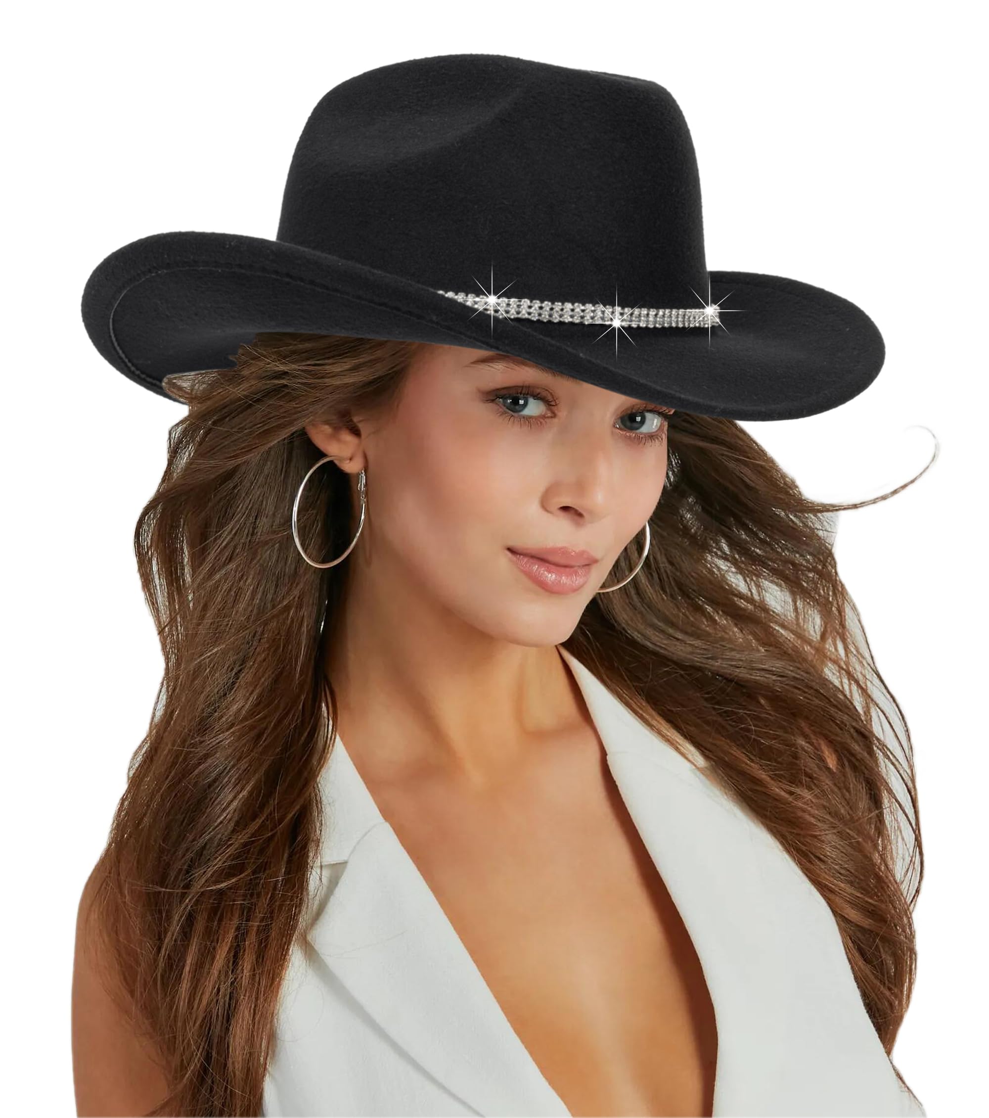 INOGIH Classic Black Western Felt Roll-Up-Brim Cowboy-Hat for Women Men ...