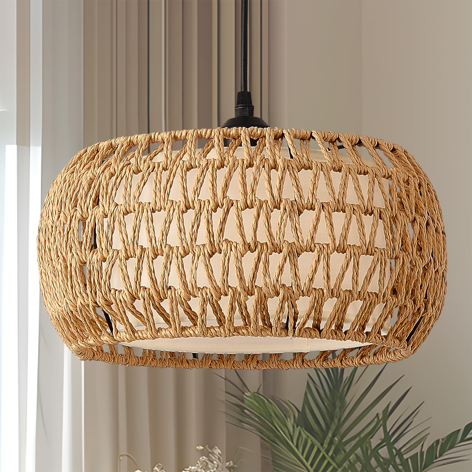 JTYP Farmhouse Rattan Chandelier Light Fixtures, 1-Lights Boho Pendant ...