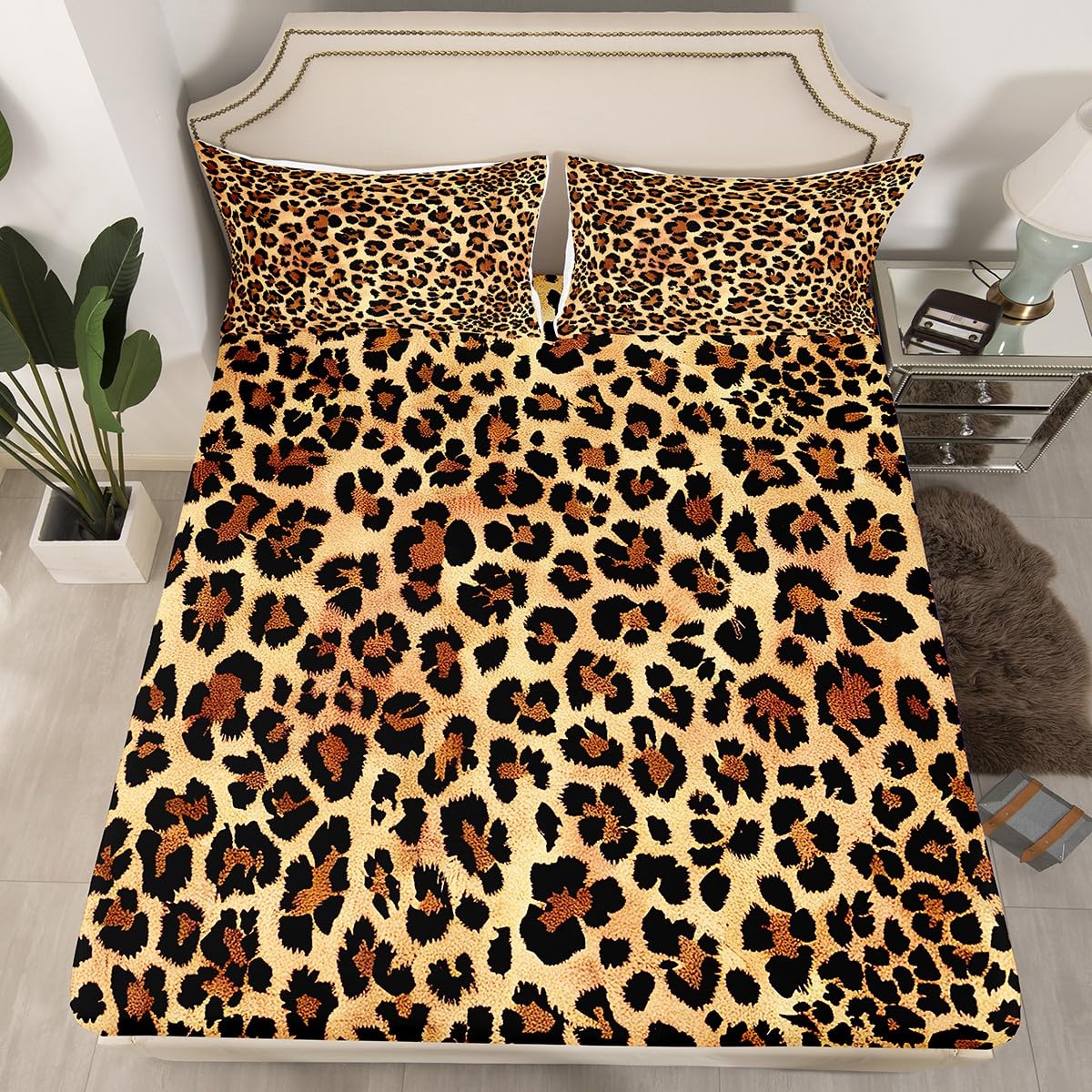 Black Brown Leopard Print Sheet Sets Women Cheetah Print Fitted Sheet ...