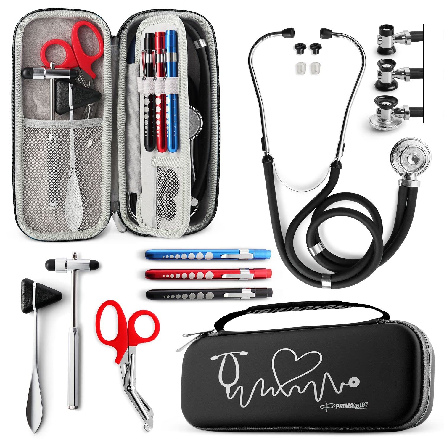 Primacare KB-9397-BK Stethoscope Case, Supplies Included, Black with Multiple Compartments ...