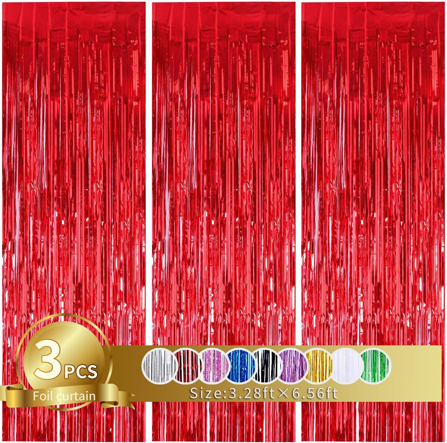 3Pcs Red Metallic Tinsel Foil Fringe Curtains,3.28ft x 6.56ft Red Photo ...