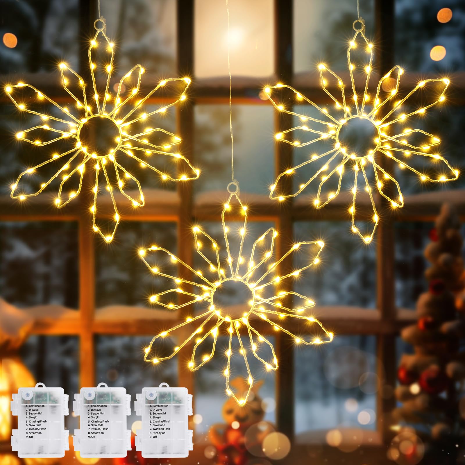 Quntis Christmas Snowflakes Window Lights Battery Operated, 3 Pack 240 ...