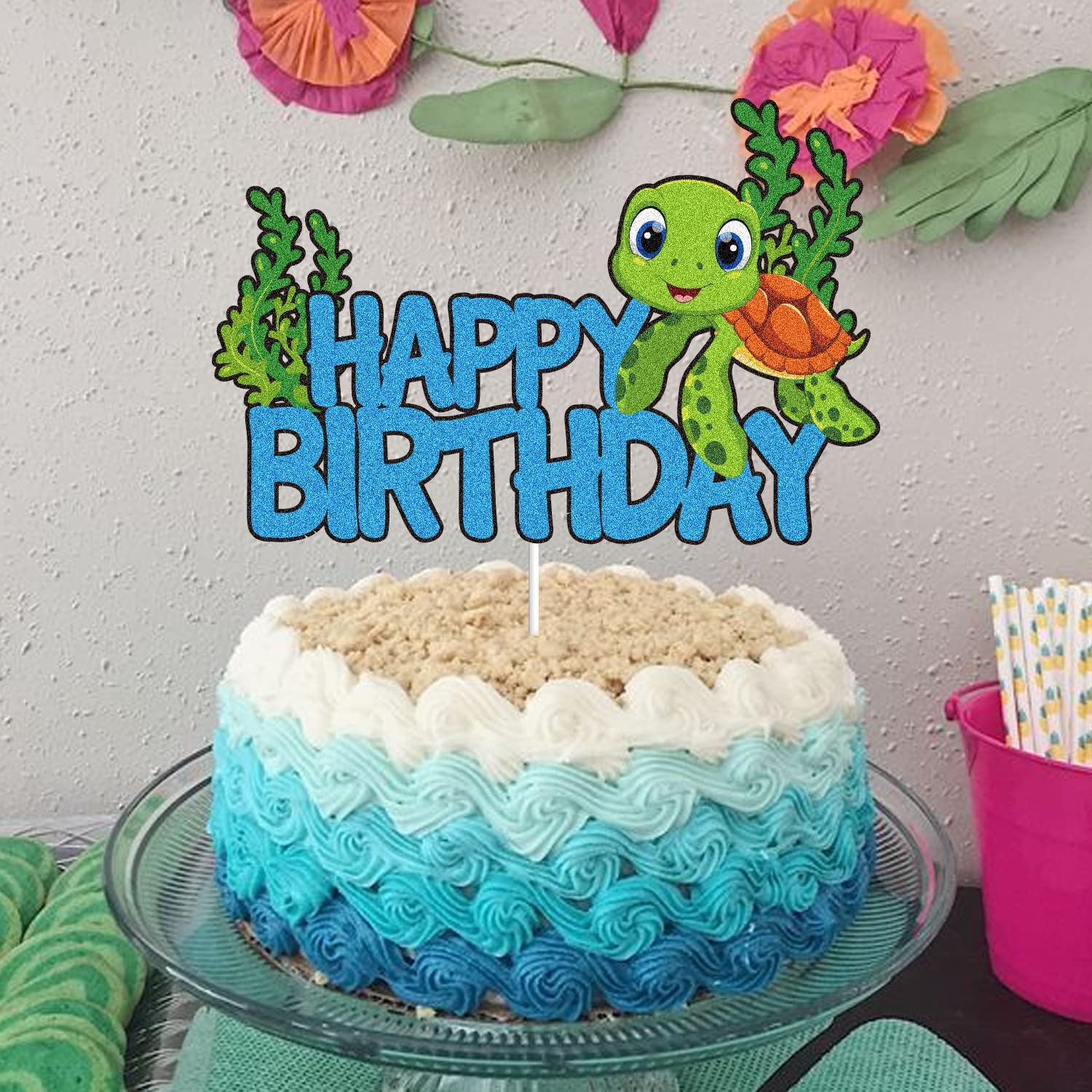 Mua Sea Turtle Happy Birthday Cake Topper Blue Green Glitter Turtle ...